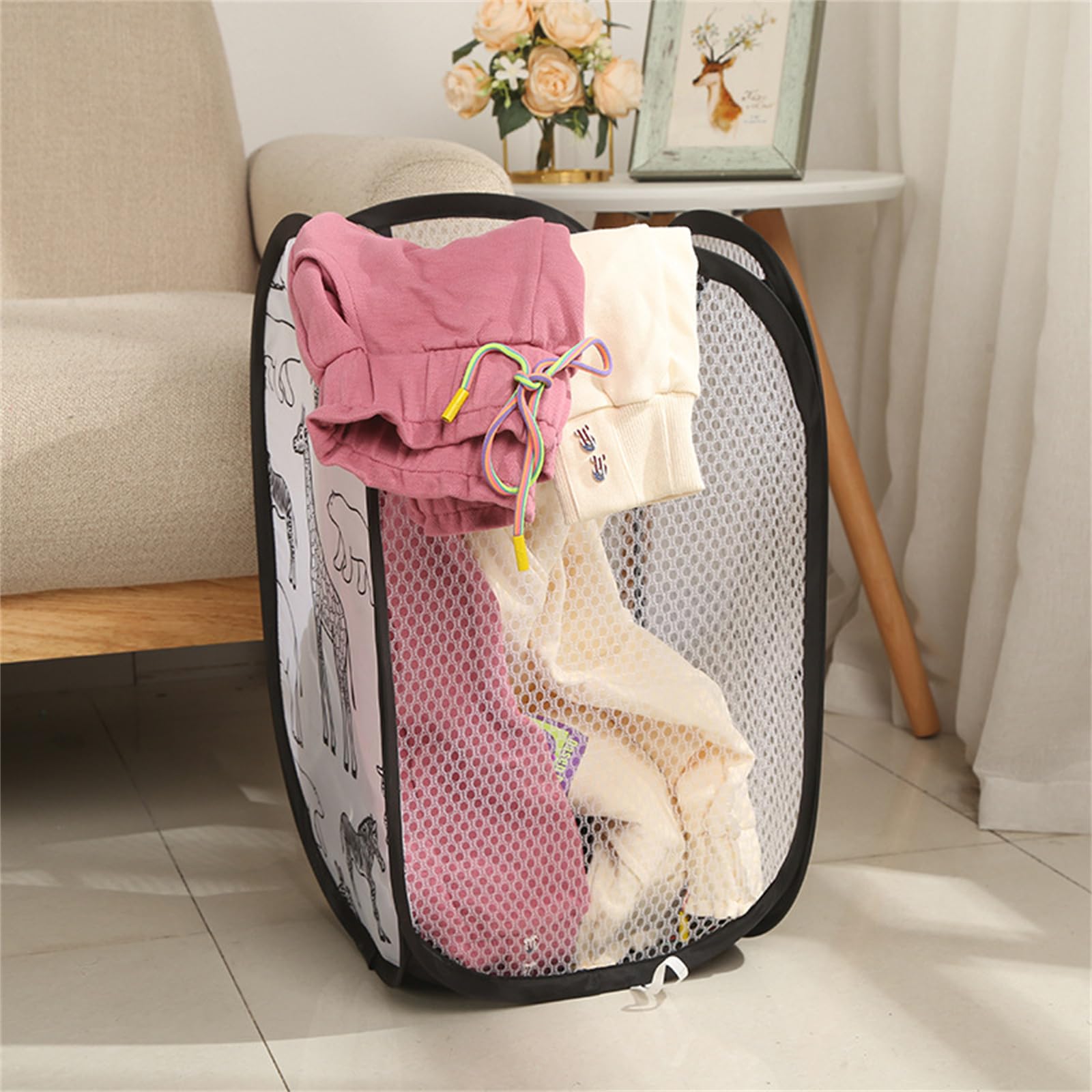 ANTING PRODUCTS Mesh Laundry Hamper,Cartoon Print Pop up Hamper,Mesh Pop up Laundry Basket,Collapsible Pop up Hampers for Laundry,Kids,(Black)