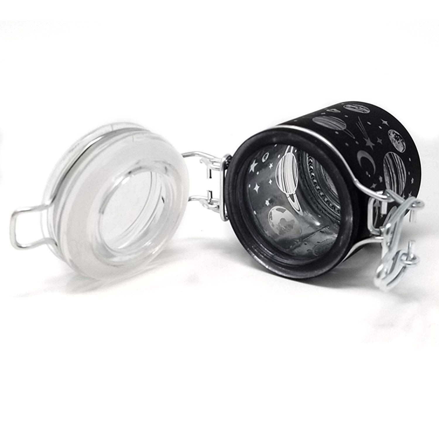 Airtight Glass Herb Stash Jar with Clamping Lid in Choice of Design (Black Frosted Galaxy)