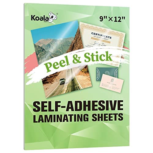 Koala Self Adhesive Laminating Sheets - 9 x 12 Inch Self Laminating Sheets, No Machine Needed Clear Self Sealing Laminate Sheets for Stickers, Photos - 5 Sheets