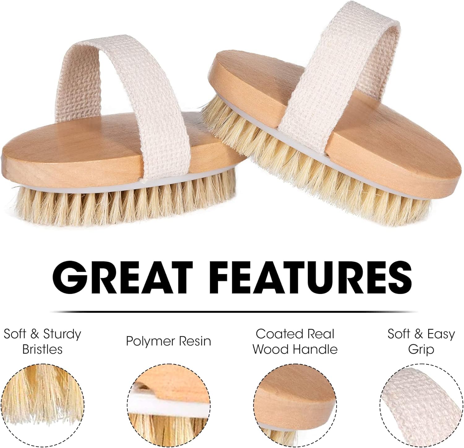 Opaz Dry Body Brush 2 Pack Natural Bristle for Dry Skin - Exfoliator Scrubber - Wet or Dry Scrub Smooth Cellulite - Stimulate Blood Flow