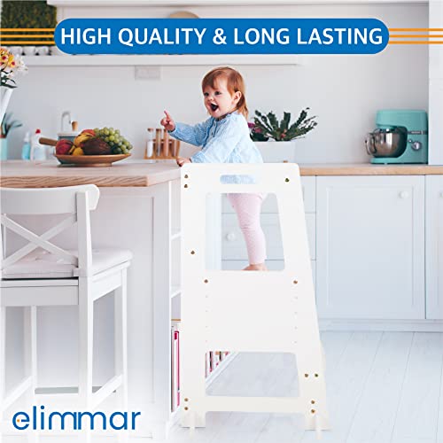 ELIMMAR Toddler Standing Tower - Wooden Learning Tower for Children - 5-Level Adjustable Height, Non-Slip Steps & Feet Pads, Silicone Mat, 2 Safety Bars - Helper Stool for Kids - White, 16x15.7x35.4