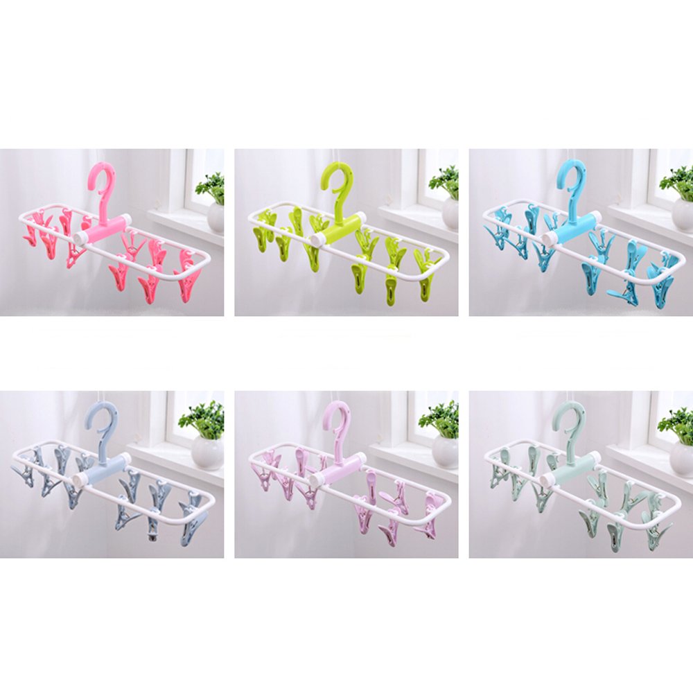 Inoutdoorkit Folding Travel Clip & Drip Hangers, Portable Plastic Clothes Underwear Socks Laundry Drying Hanger Rack With 12 Clips For Home Or Outdoor FPH12 (Light Purple)