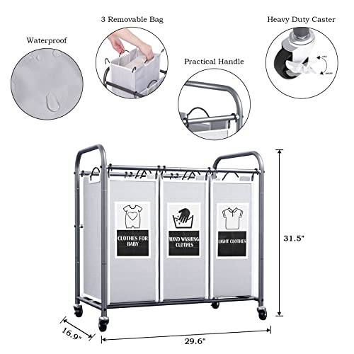 C&AHOME 3-Bag Laundry Sorter Cart, Rolling Laundry Hamper Organizer, Laundry Basket Sorter, Removable Bags with 4 Sorting Cards and Heavy Duty Rolling Lockable Wheel for Clothes Storage, Grey ULSCM03G