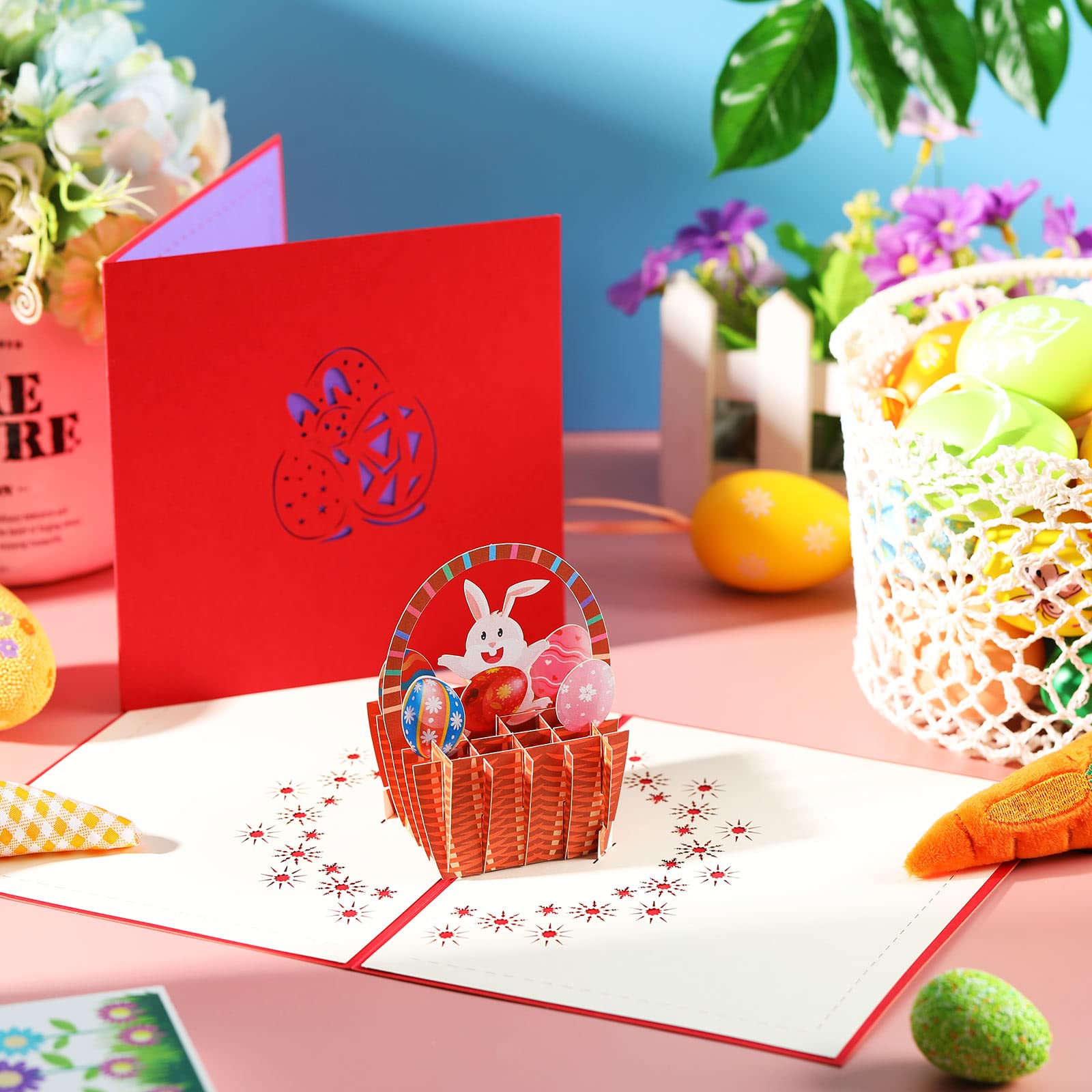 5 Pieces Easter Pop up Cards Set, Easter Eggs Basket Bunny 3D Greeting Cards Present Card for Easter with Envelopes, Writing Cards and Cute Envelope Stickers (Lovely Style).