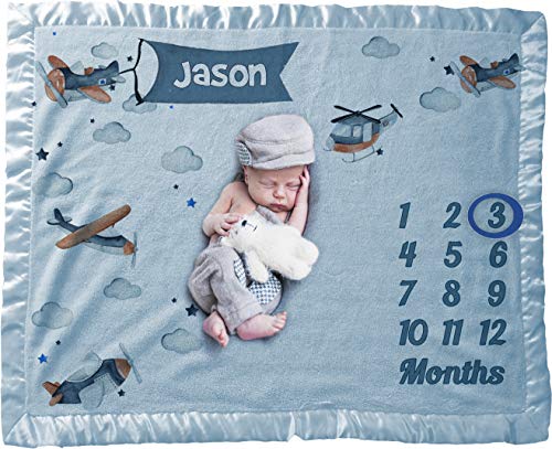 Personalize It Milestone Baby Blanket Custom Baby Boy Airplane Name Luxe Satin Trim Edge Double Sided Polar Fleece (Blue, 30 x 40)