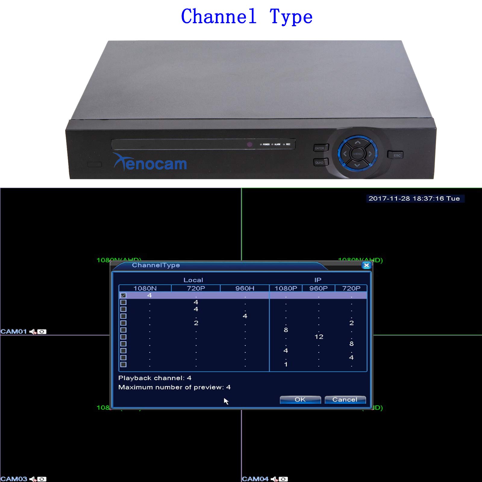Xenocam 4CH 1080N Hybrid 5-in-1 AHD DVR (1080P NVR+1080N AHD+960H Analog+TVI+CVI) Standalone DVR CCTV Surveillance Security System Video Recorder Motion Detection, Hard Drive not Included