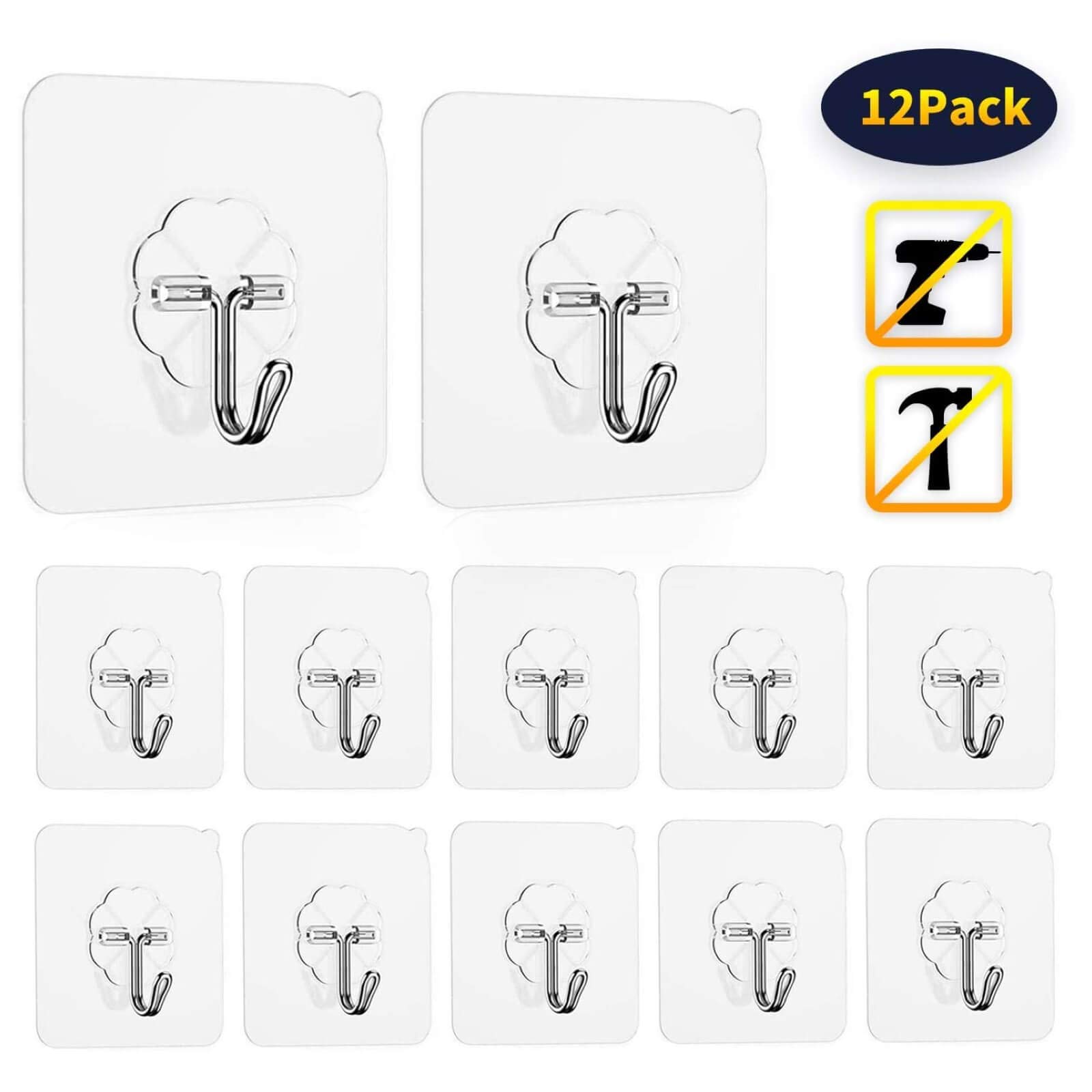 Adhesive Hooks Utility Hooks 44 lb/ 20 kg(Max), Heavy Duty Coat Hooks Waterproof and Oilproof Seamless Hooks, Reusable Wall Hook for Bathroom Kitchen