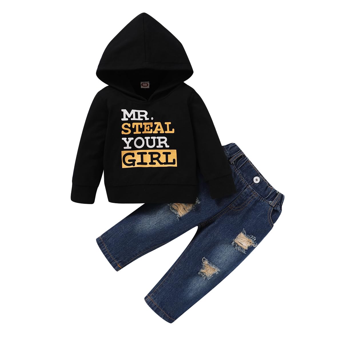YALLET 2T 3T Toddler Baby Boy Clothes Fall Winter Outfit Sets Long Sleeve Letter Hoodies Top+Ripped Denim Pants 2pcs