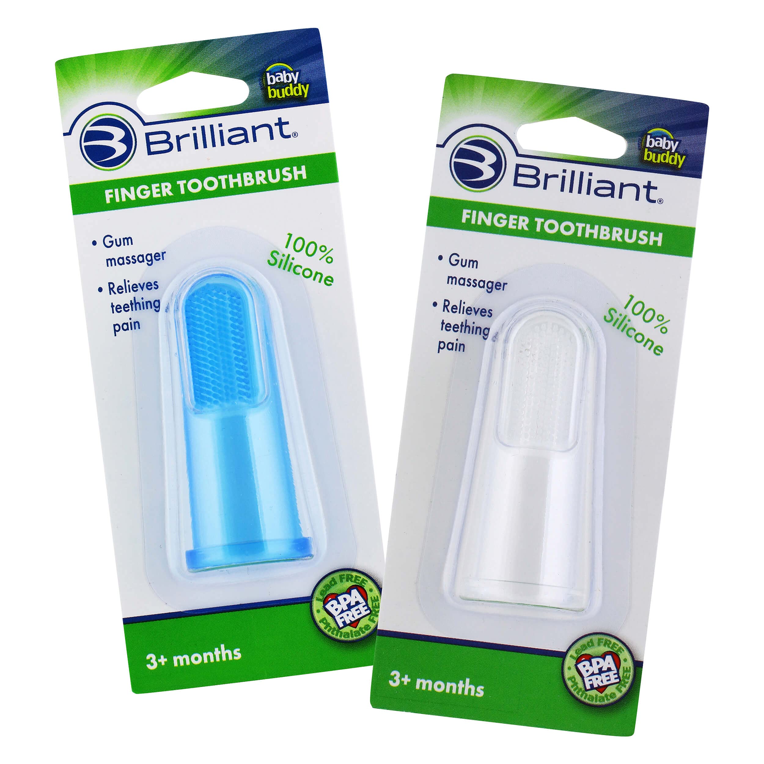 Brilliant Baby Finger Toothbrush - Silicone Gum Massager and Teether Brush for Infant-Toddler, 3 Months Old and Up, Blue/Clear, 2 Count