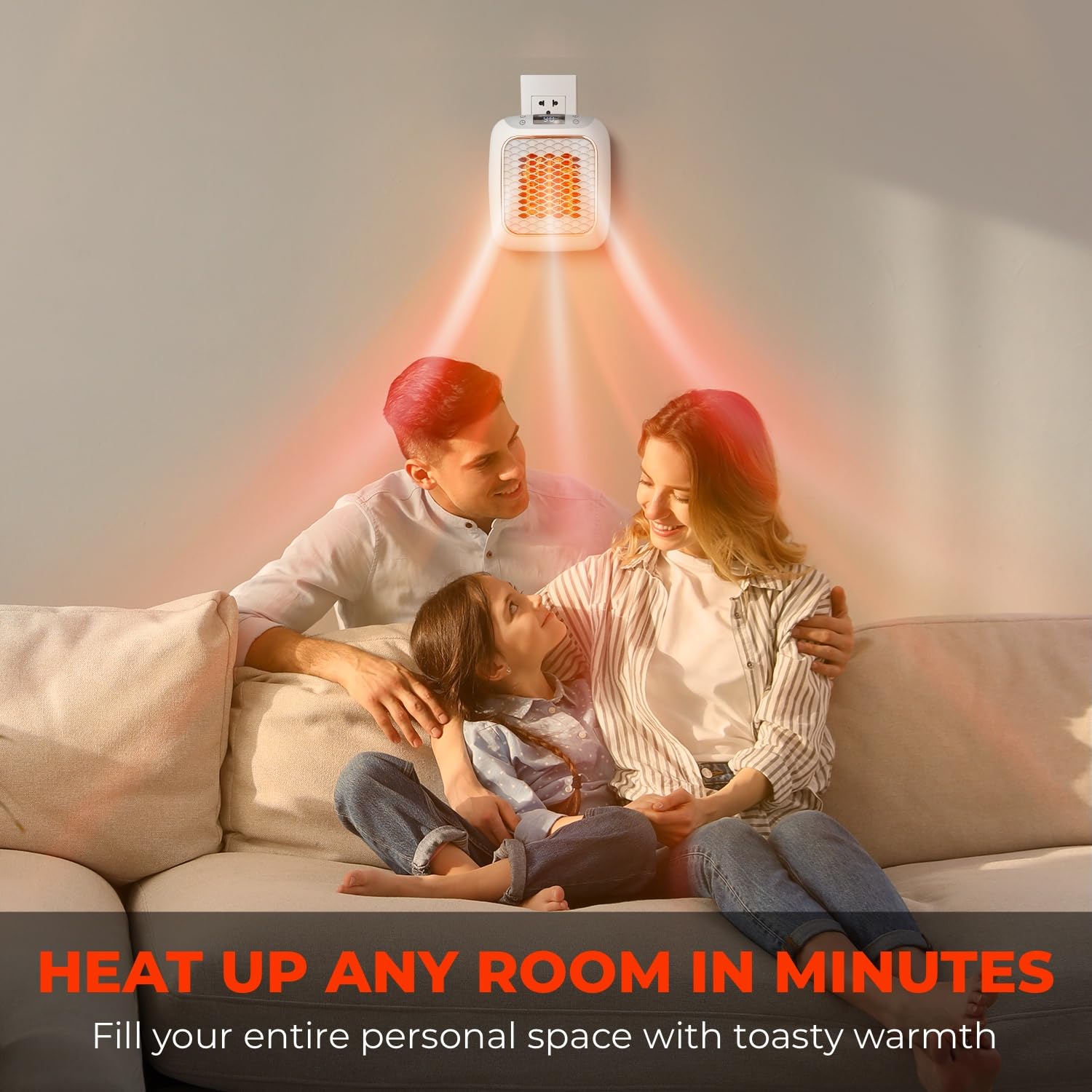 HeatWell Small Space Heater Plug In - 800w Mini Wall Mount Portable Heaters for Indoor Use Office Bedroom | Adjustable Thermostat, 12-Hour Timer, Auto Shut Off, Quiet Energy Efficient Ceramic Heating