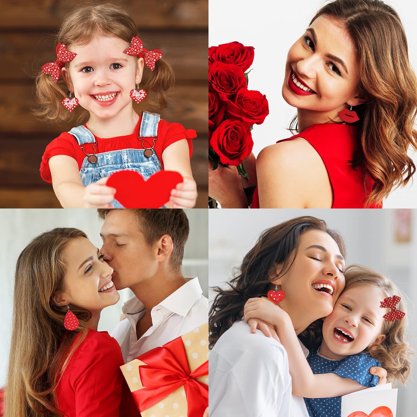 Whaline 12Pcs Valentines Faux Leather Sheet 12 x 8 Inch Red Heart Glitter Synthetic Leather Fabric Assorted Patern Classic Red Leather Fabric for Wedding Anniversary DIY Crafts Earring Hair Bow