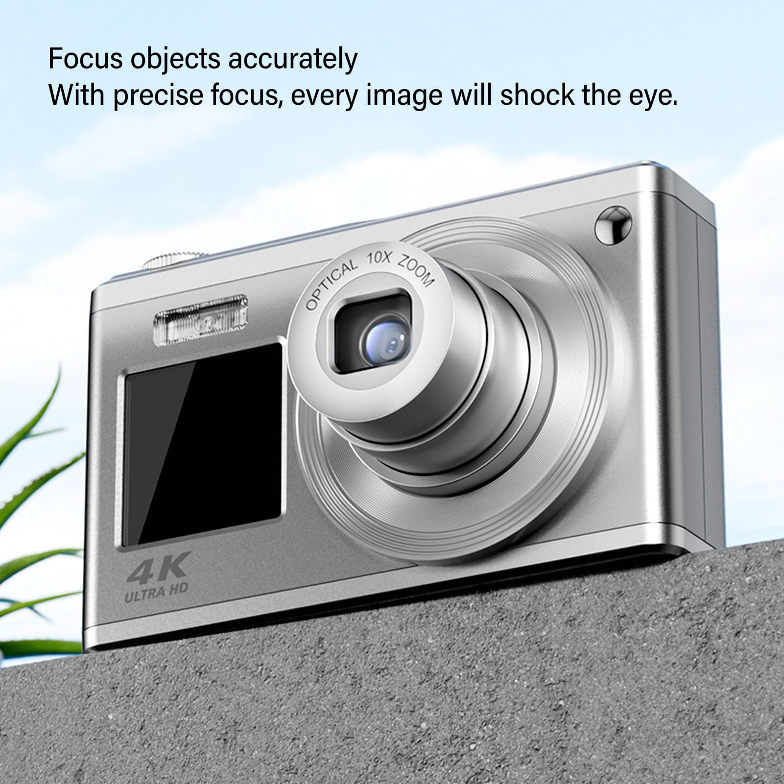 4K Digital Camera, 10X Optical Zoom Vlogging Selfie Camera Auto Focus with 2.88 Inch HD Screen for Beginners, 750mAh Anti Shake Travel Camera for Photography (Silver)
