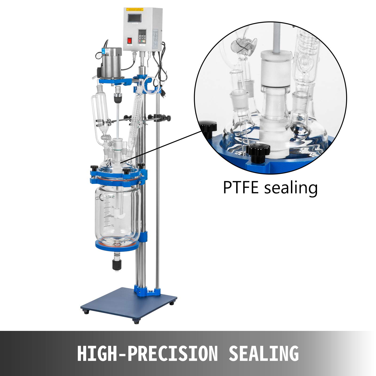 VEVOR Jacketed Reactor 5L Laboratory Glass Reactor, Jacketed Glass Reactor, Chemical Reaction Vessel, Lab Jacketed Reactor, Reaction Vessel Chemistry, with Digital Display, for Reaction Distillation