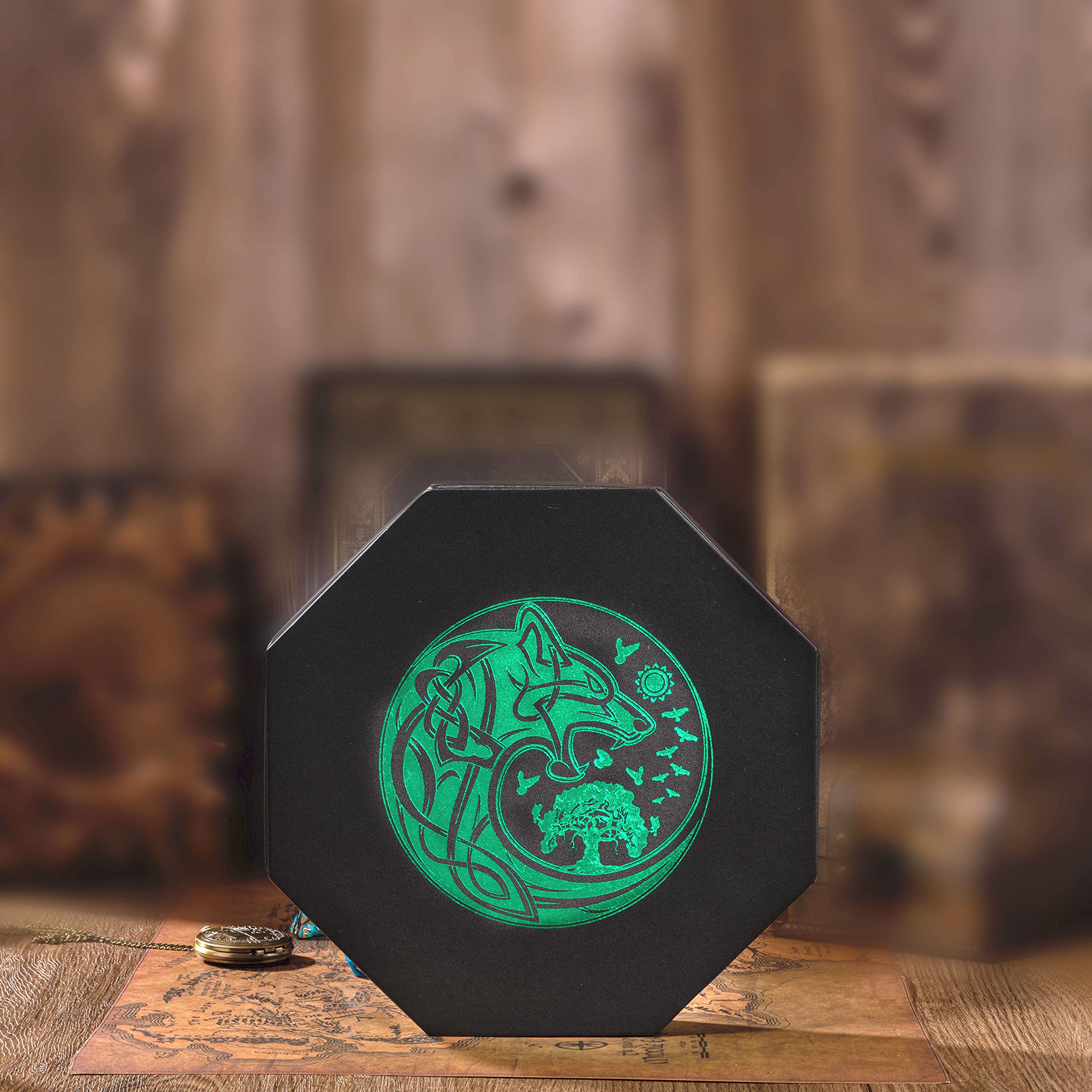 DND Dice Tray - Premium 8 Inch Tray for Dungeons and Dragons: Exquisitely Detailed Green World Tree & Wolf Raven Design - Perfect Rolling & Box Storage to Protect Your Dice for D&D and RPG