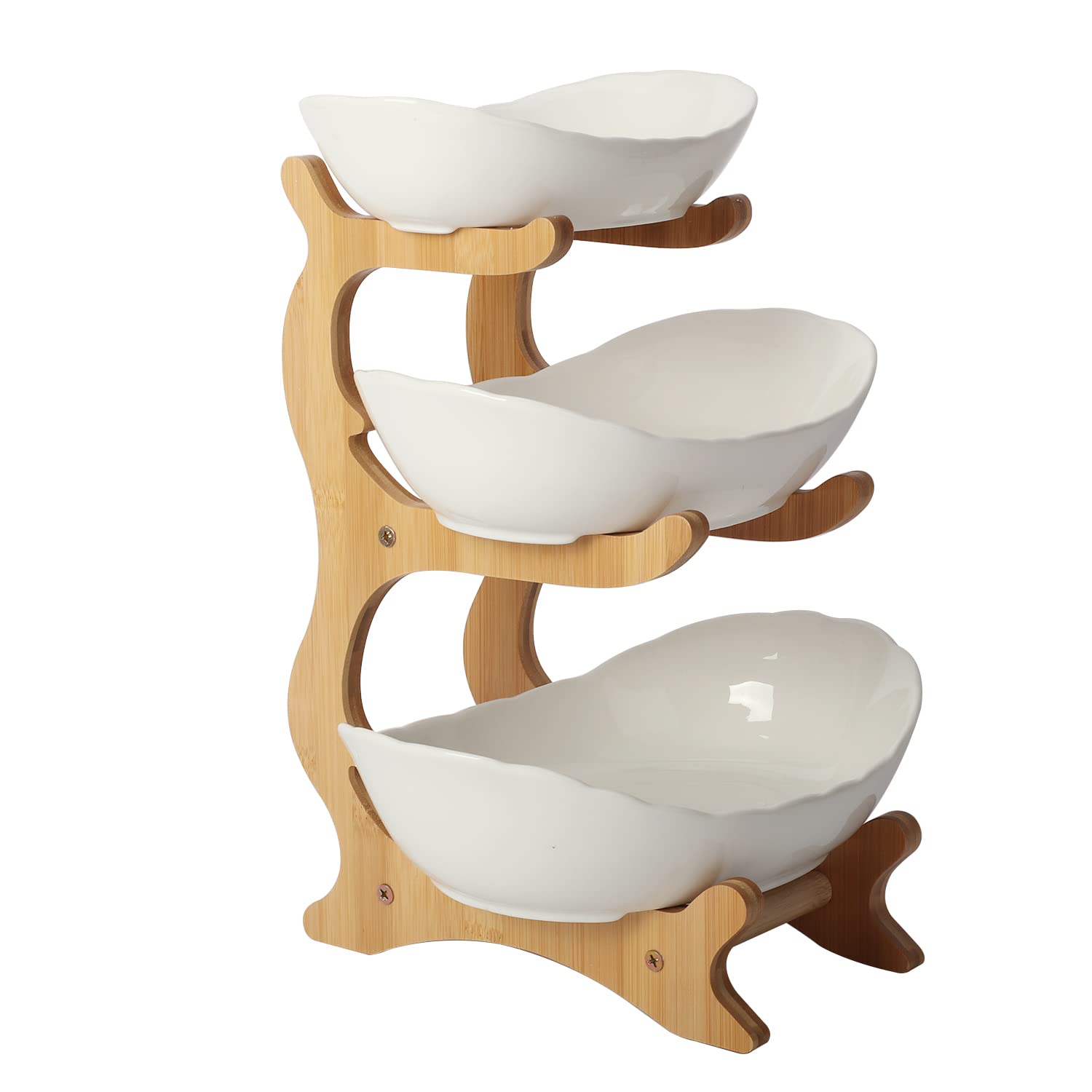 AIWFL 3 Tier Fruit Basket White Fruit Bowl with Bamboo Holder Fruit Ceramic Serving Tray Dessert Serving Stand for Candy Fruits Snacks Nuts Storage Holder