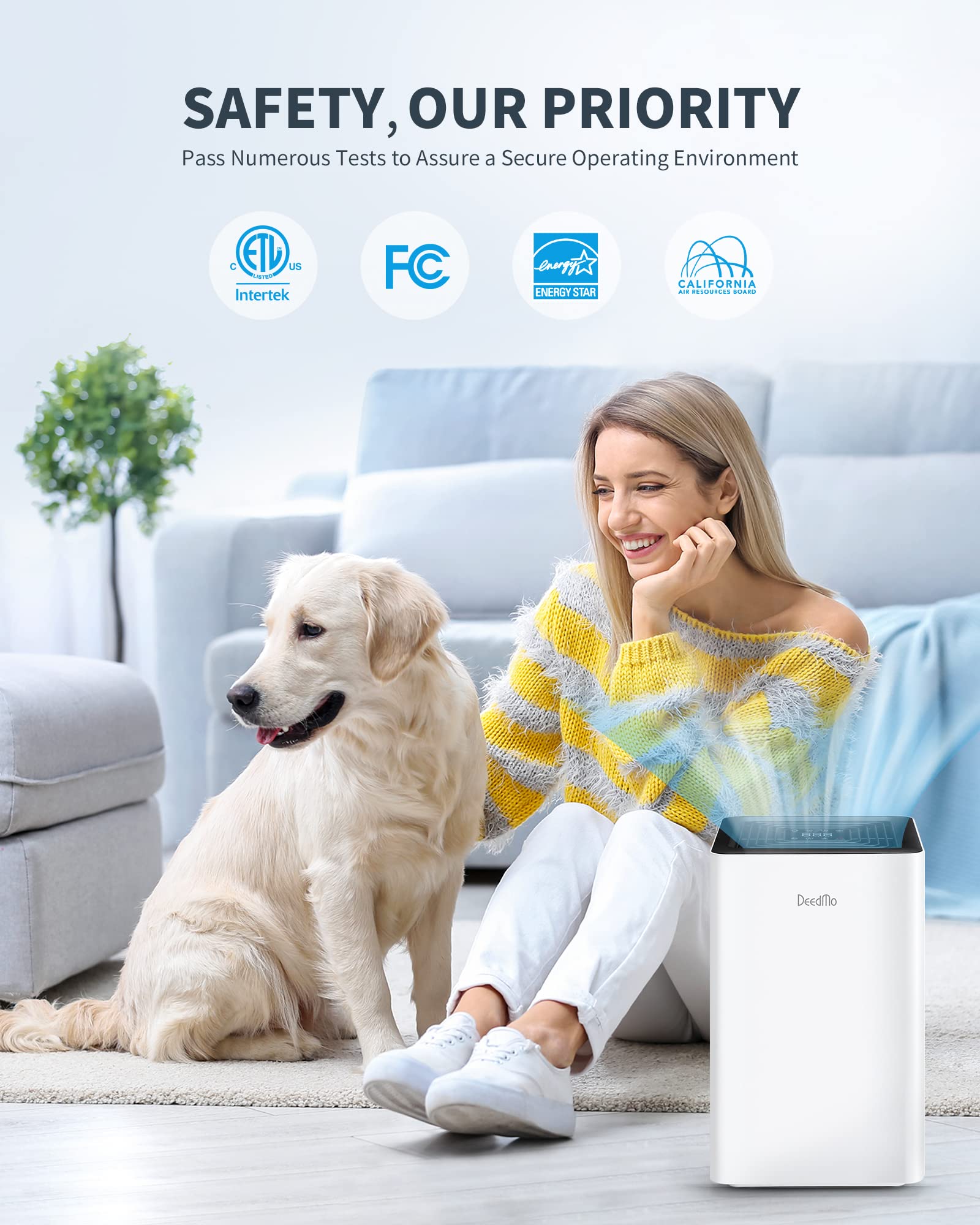 DeedMo Air Purifiers for Home Large Room, 1200 Sq Ft Coverage with PM 2.5 Display Air Quality Sensor, H13 True HEPA Filter Remove 99.97% of Pets Allergies Dust Smoke, Double-sided Air Inlet