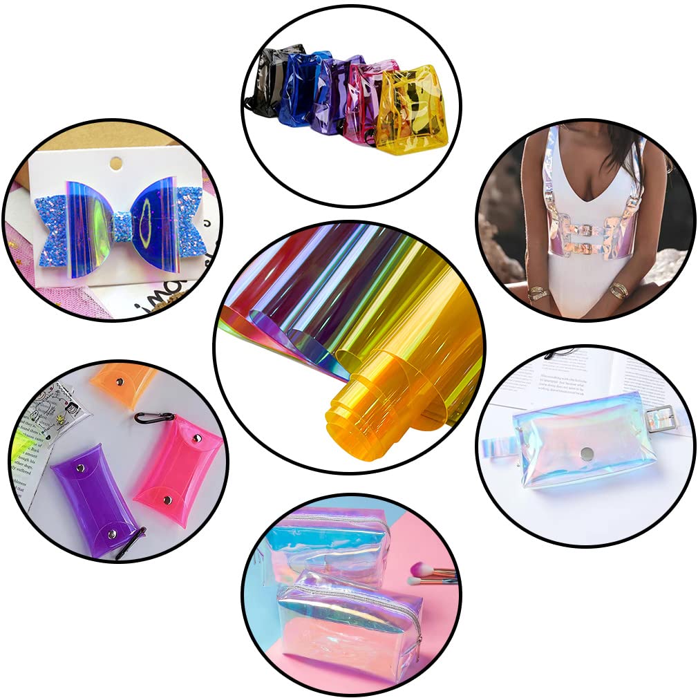 XHT 0.4mm Holographic Transparent Film Mirror Laser Iridescent TPU Vinyl Waterproof Material for DIY Hair Bows Sewing Patchwork (Iridescent-0.4mm)