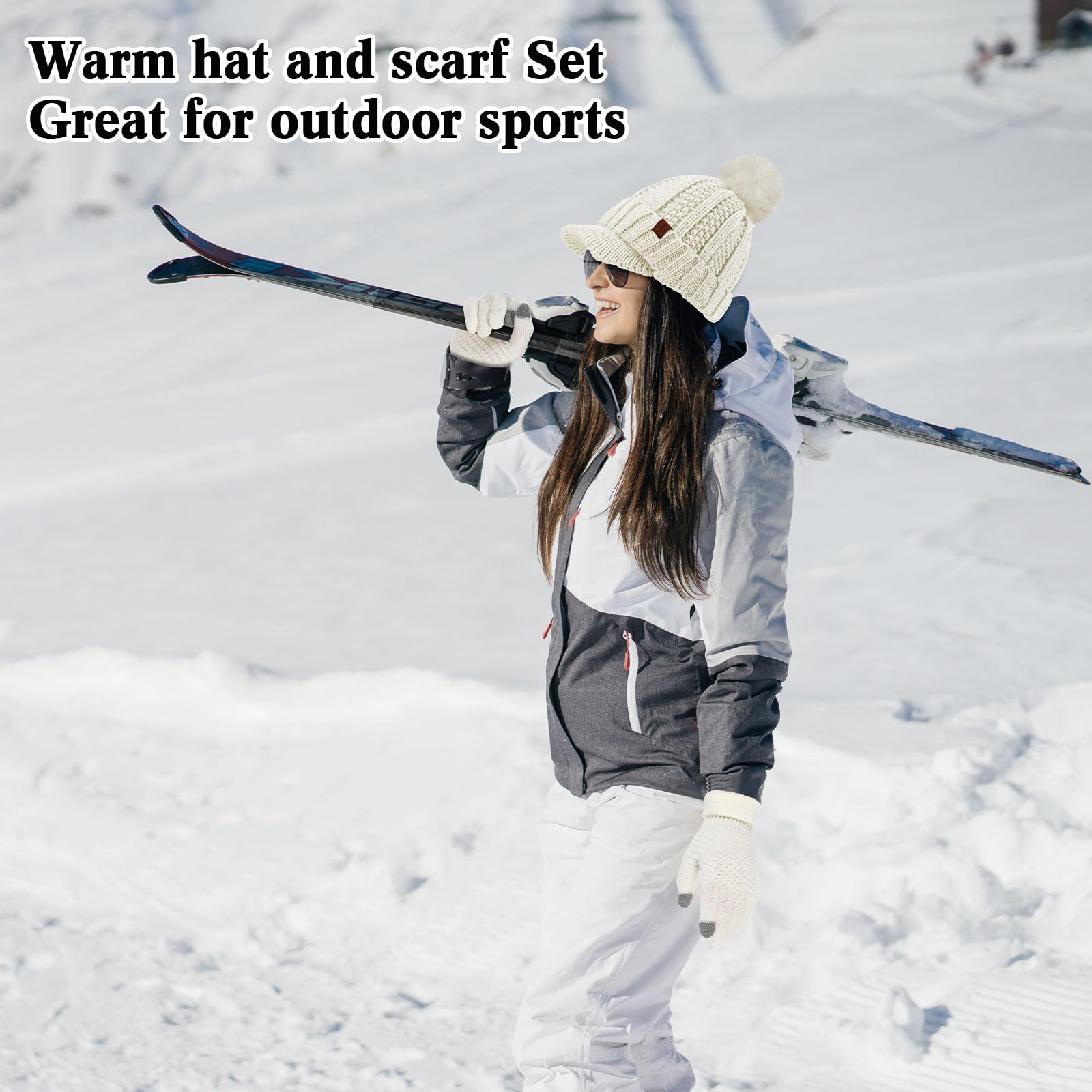 5 Pieces Women Ski Outing Set, Knit Winter Hat Scarf Gloves Earmuffs Stockings (Milk White, Simple Style)