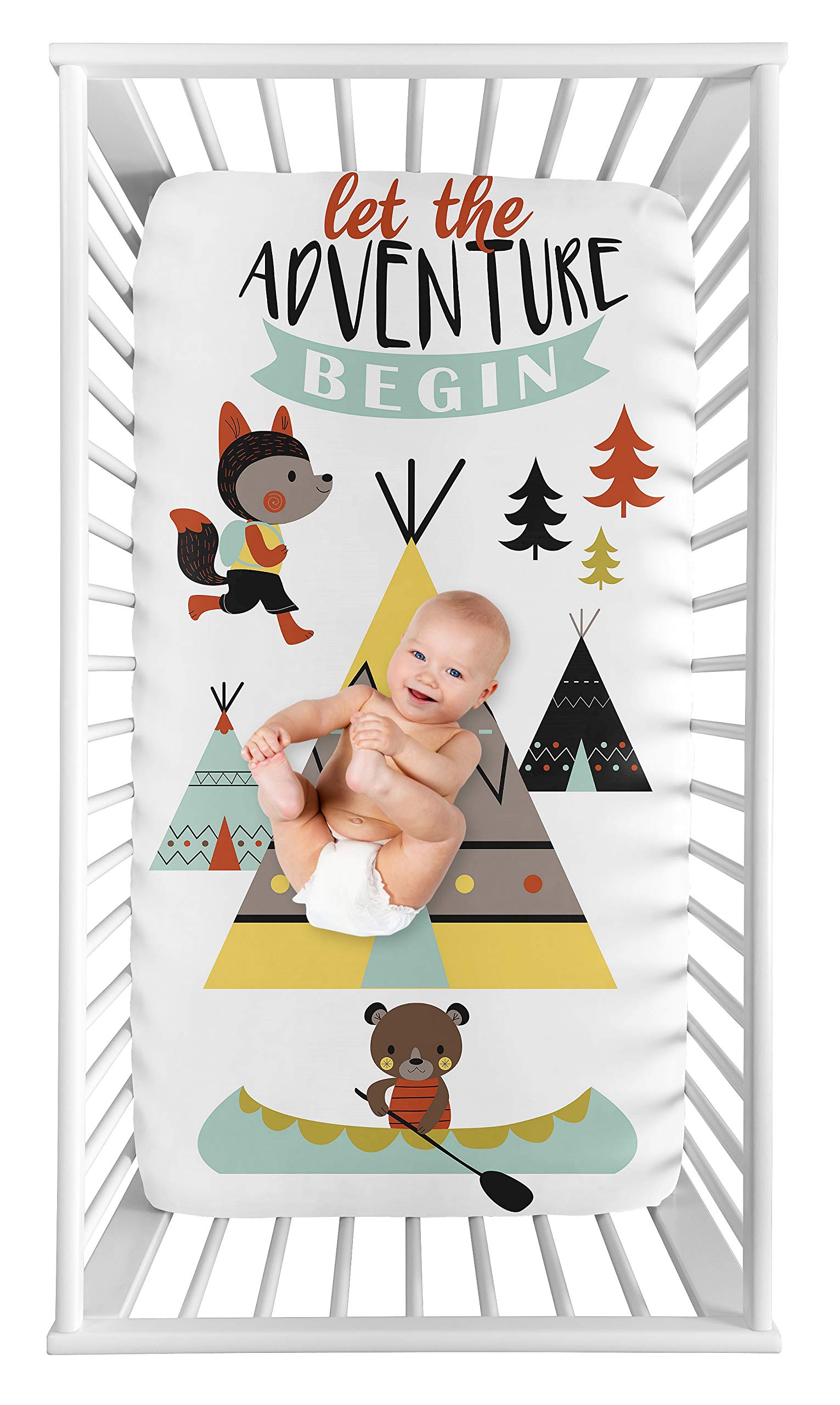 Sweet Jojo Designs Woodland Outdoor Adventure Boy or Girl Fitted Crib Sheet Baby or Toddler Bed Nursery Photo Op - Aqua and Yellow