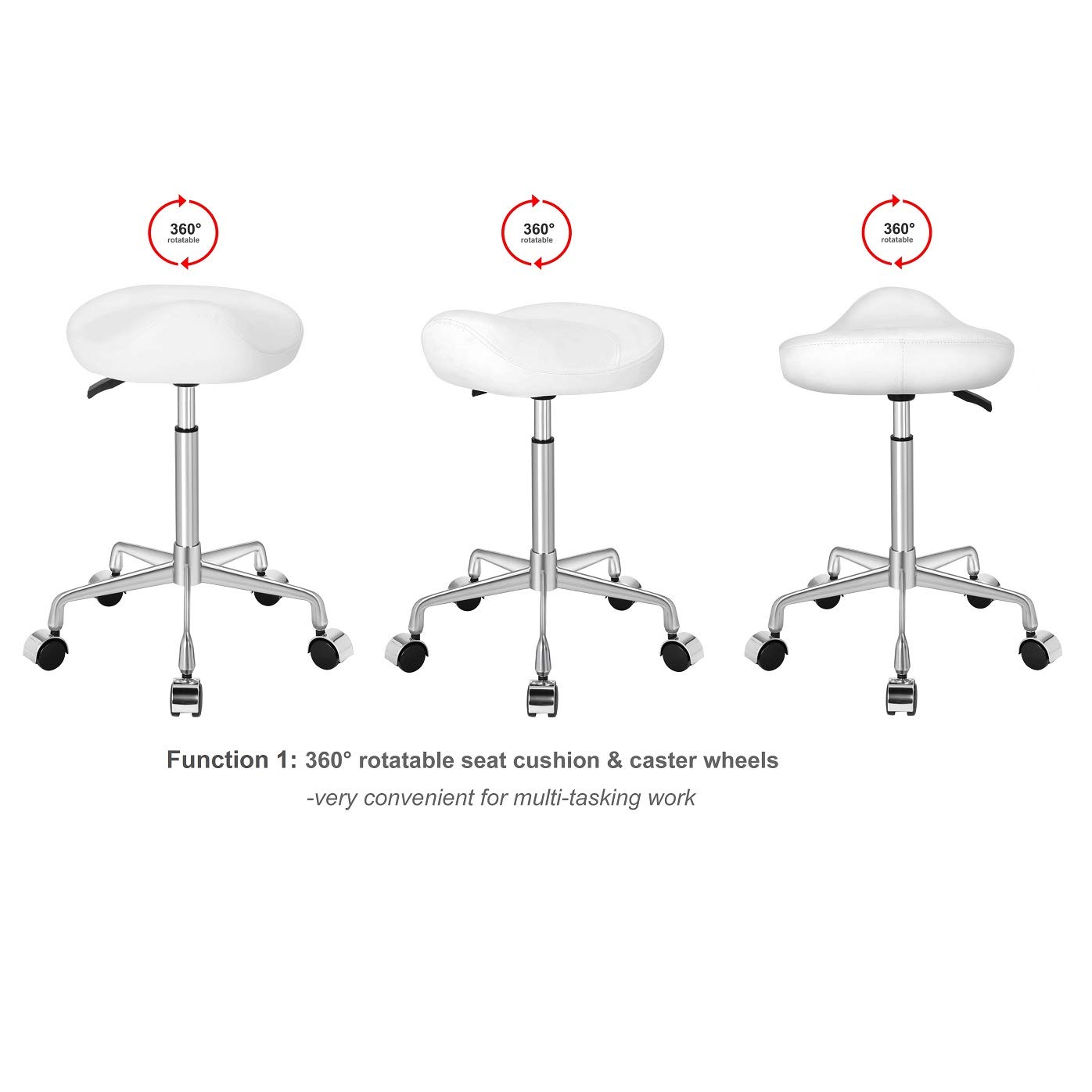 Kaleurrier Ergonomic Rolling Swivel Saddle Stool with Wheels,Hydraulic Pneumatic Lifting Height Adjustable Lightweight Chair for Clinic Hair Salon Massage Lab Kitchen Home Office (White, Without Back)
