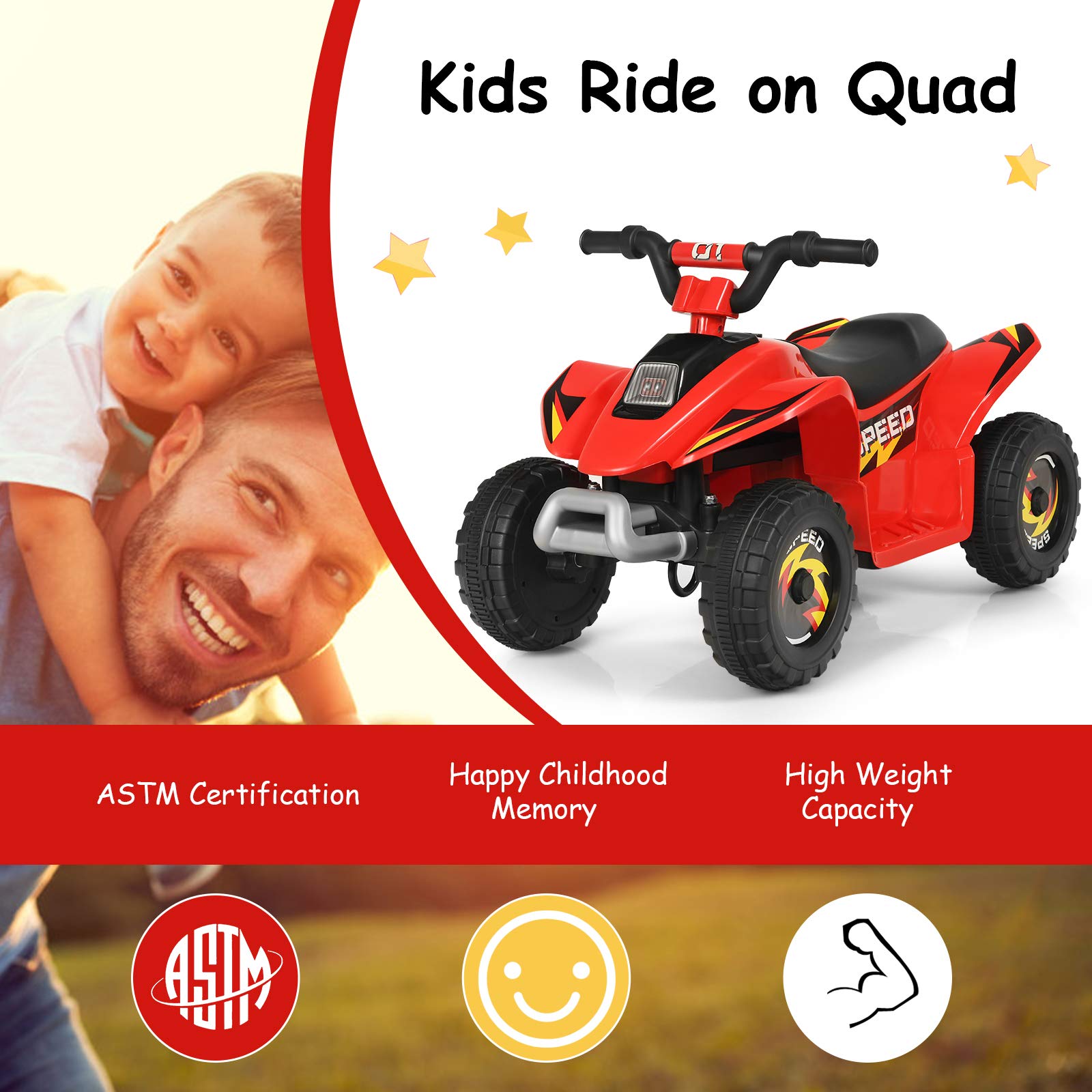 Costzon Kids ATV, 6V Battery Powered Electric Quad, Forward/Reverse Switch, Rear Wheeler Motorized Ride On Mini Vehicle Car for Toddlers Boys Girls, Ride on ATV (Red)
