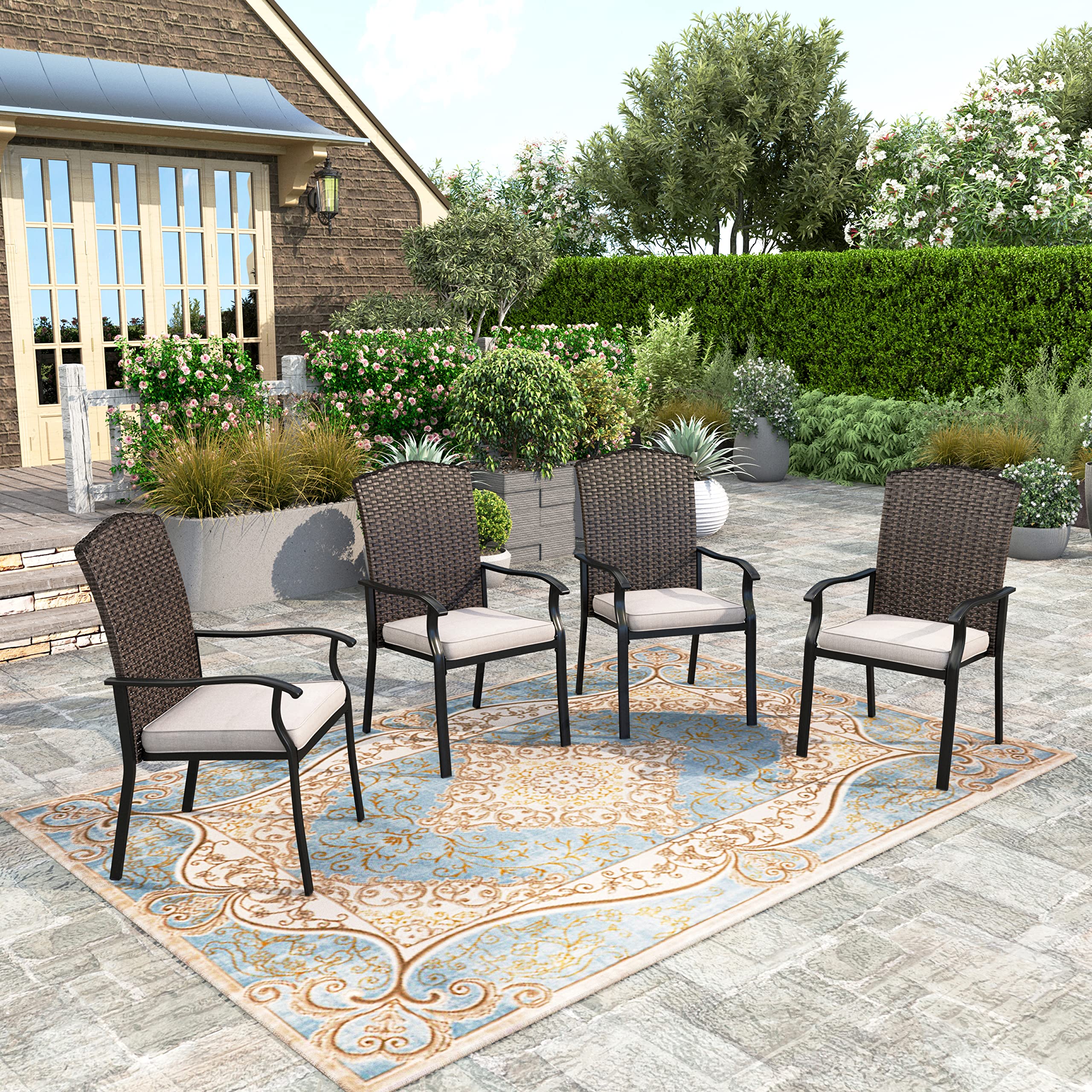 HERA'S HOUSE Rattan Patio Dining Chairs Set of 4, Outdoor Wicker Dining Chairs with Padded Removable Sponge Cushion, Brown Conversation Chairs for Poolside Lawn Garden Backyard