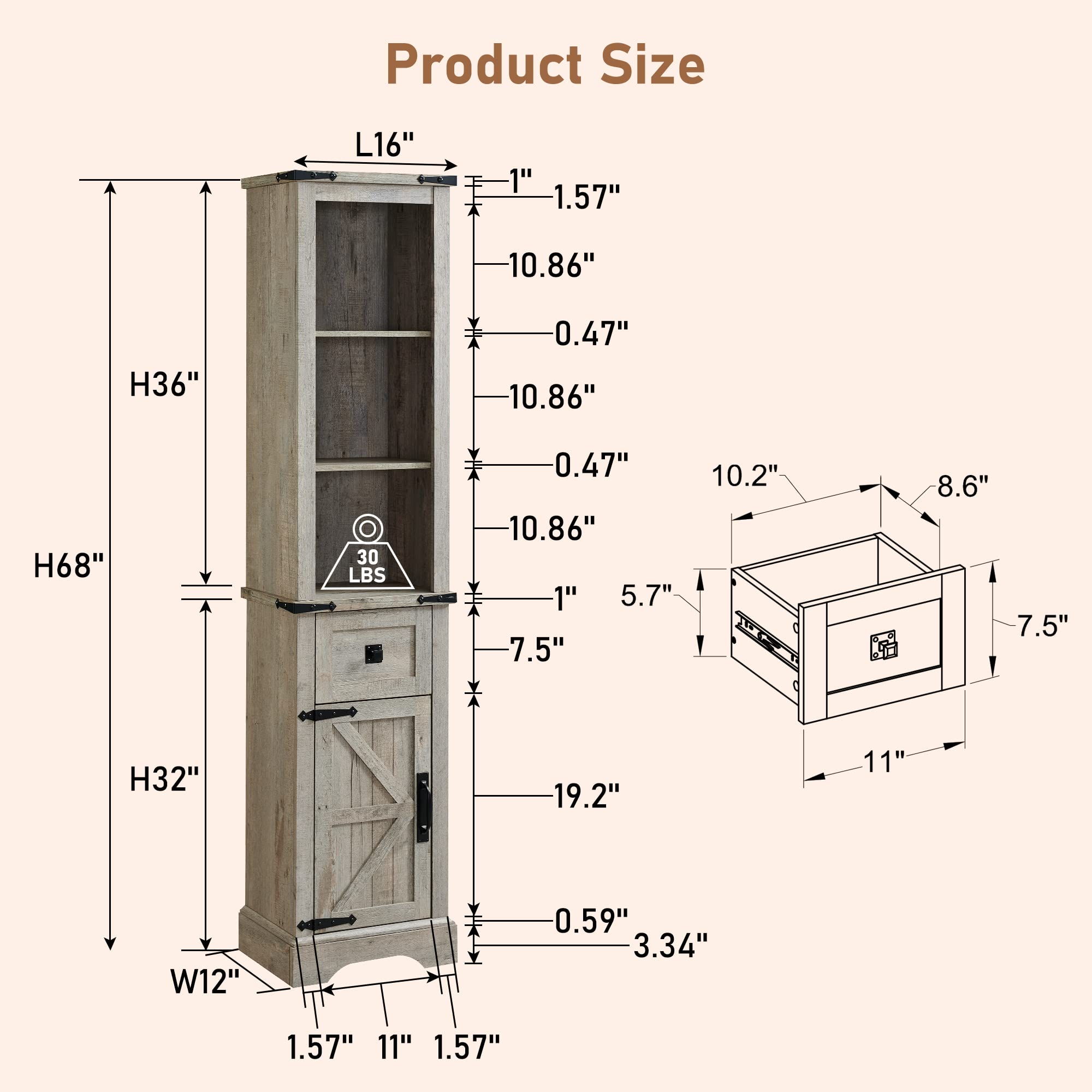 OKD Bathroom Storage Cabinet, Farmhouse Storage Cabinet with Adjustable Shelves & Storage Drawer, Tall Linen Tower for Bathroom, Living Room, Light Rustic Oak