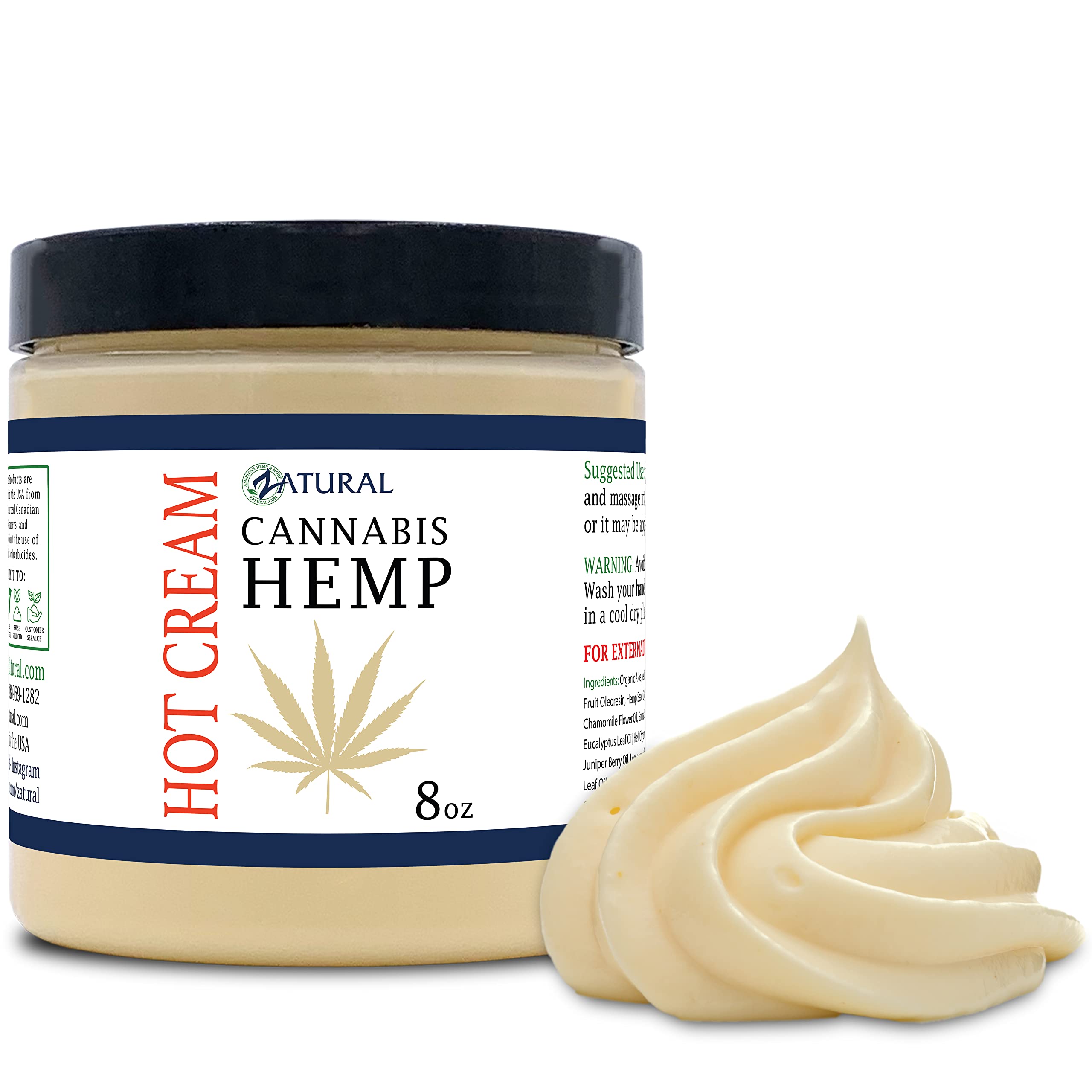 Zatural Hemp Hot Cream Massage Joints and Muscles and Body Wraps Essential Oil Blend, Aloe, Hemp, and More (8oz jar)