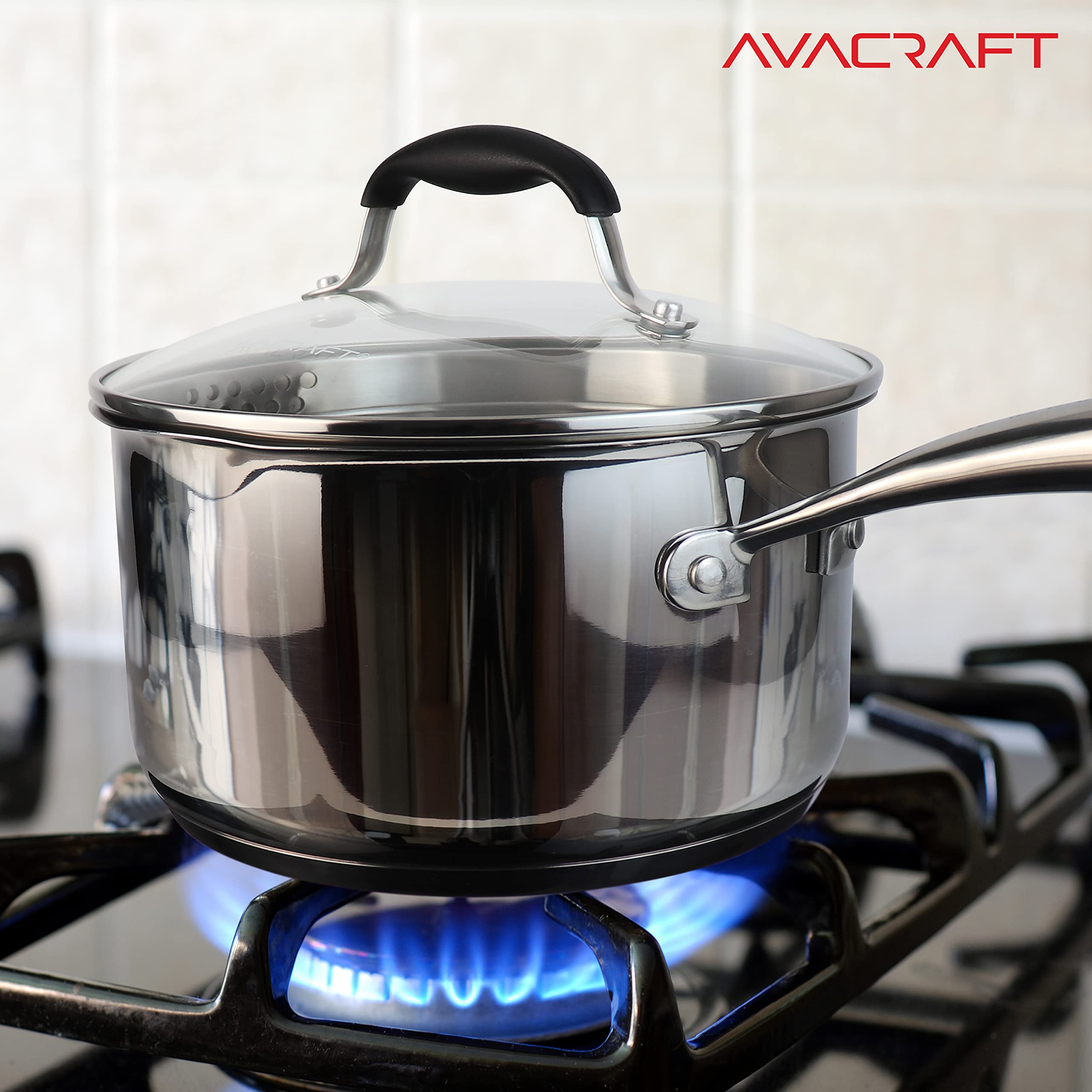 AVACRAFT Stainless Steel Saucepan with Glass Lid, Strainer Lid, Two Side Spouts for Easy Pour with Ergonomic Handle, Multipurpose Sauce Pan with Lid, Sauce Pot (Tri-Ply Capsule Bottom, 3.5 Quart)
