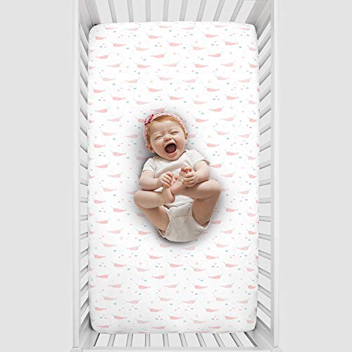 NoJo Under The Sea Whimsy Pink and Blue Whales and Narwhals 4 Piece Crib Bedding Set - Comforter, Fitted Crib Sheet, Dust Ruffle and Storage Bin