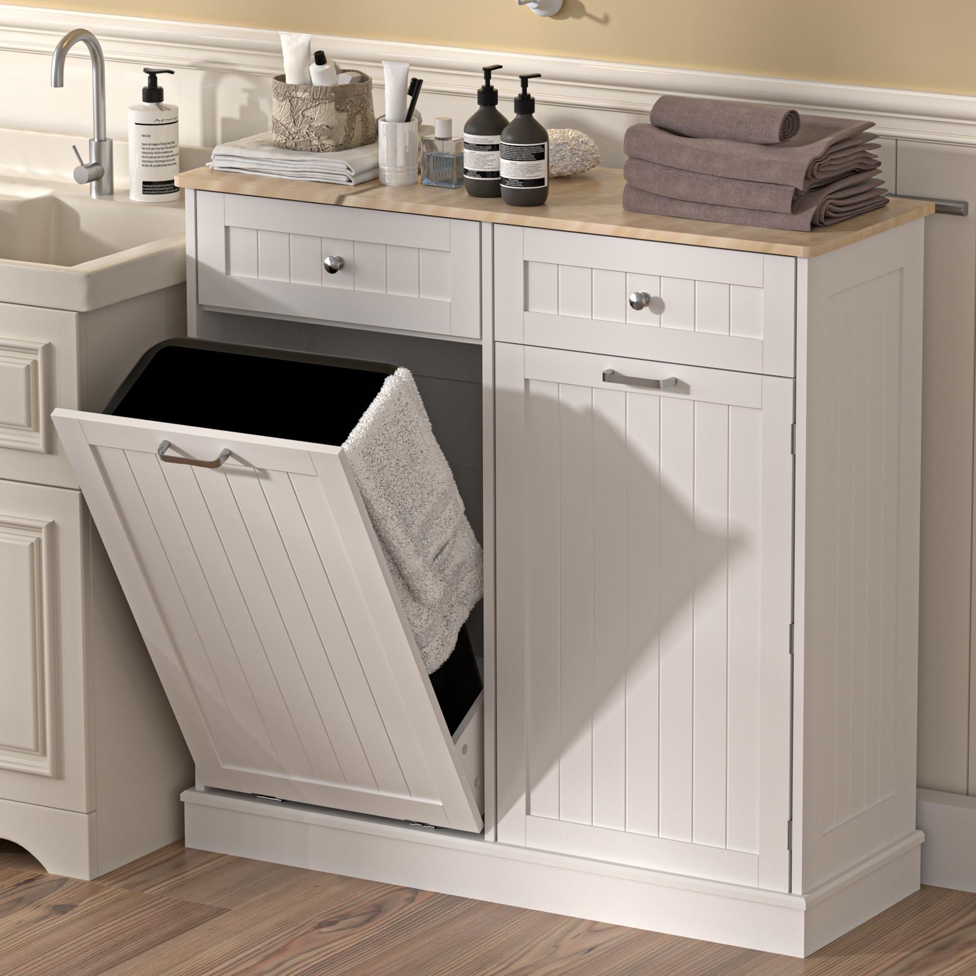 AHB 13 Gallon Tilt Out Trash Bin Cabinet with 2 Drawers, Adjustable Shelves,Kitchen Storage Cabinet with Garbage Bin Tilt Out Laundry Hamper for Kitchen, White