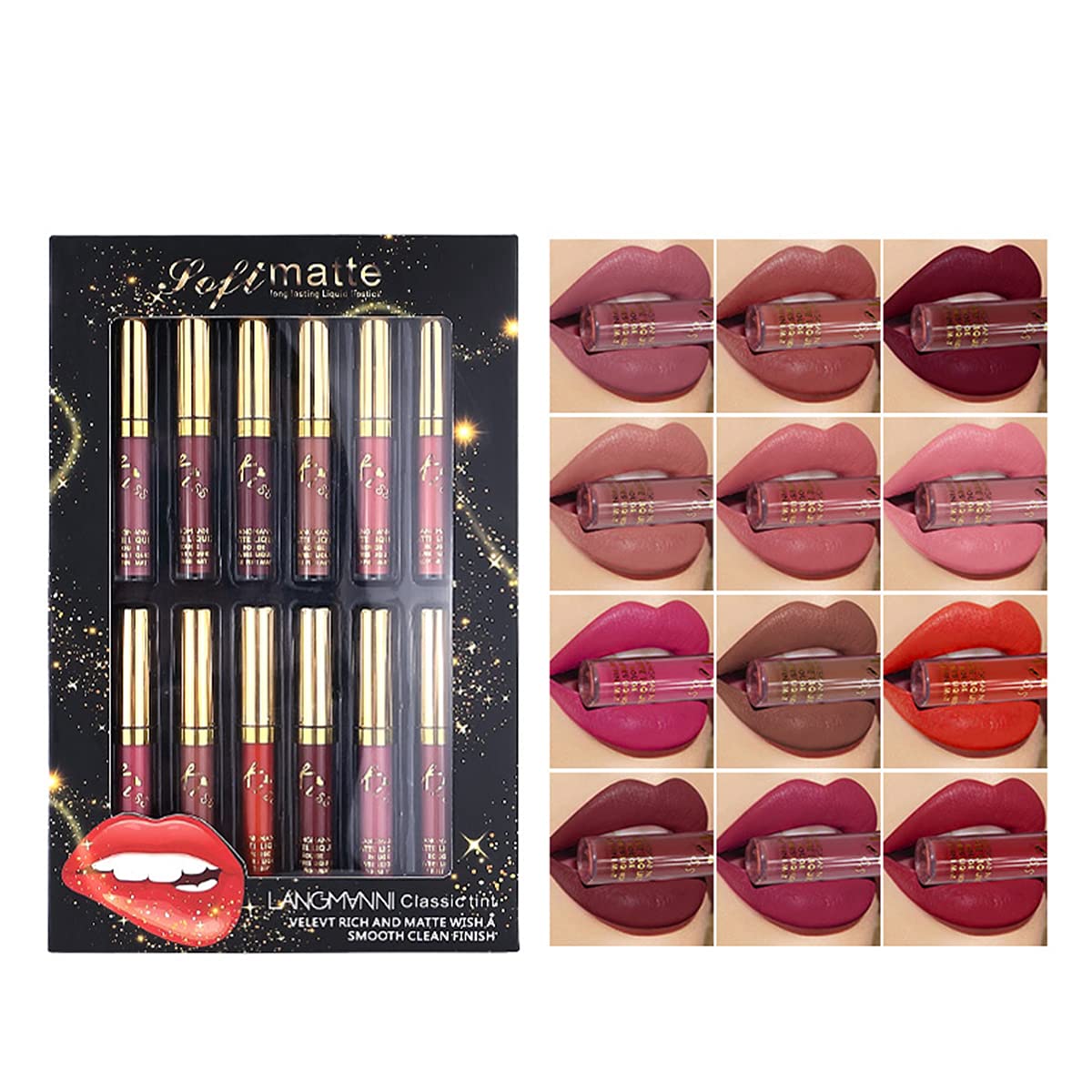 Matte Liquid Lipstick set Waterproof Long Lasting Non-Stick Cup Liquid Lipgloss Velvety Liquid Lipstick Kiss-proof Durable Nude Lip Gloss (12PCS)