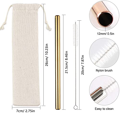 7 Pcs 8.5" Reusable Boba Drinking Straws 304 Stainless Steel Straws Set with 2 Cleaning Brushes Wide Metal Straw for Bubble Tea Milkshakes Smoothie Bar Accessory (Gold)