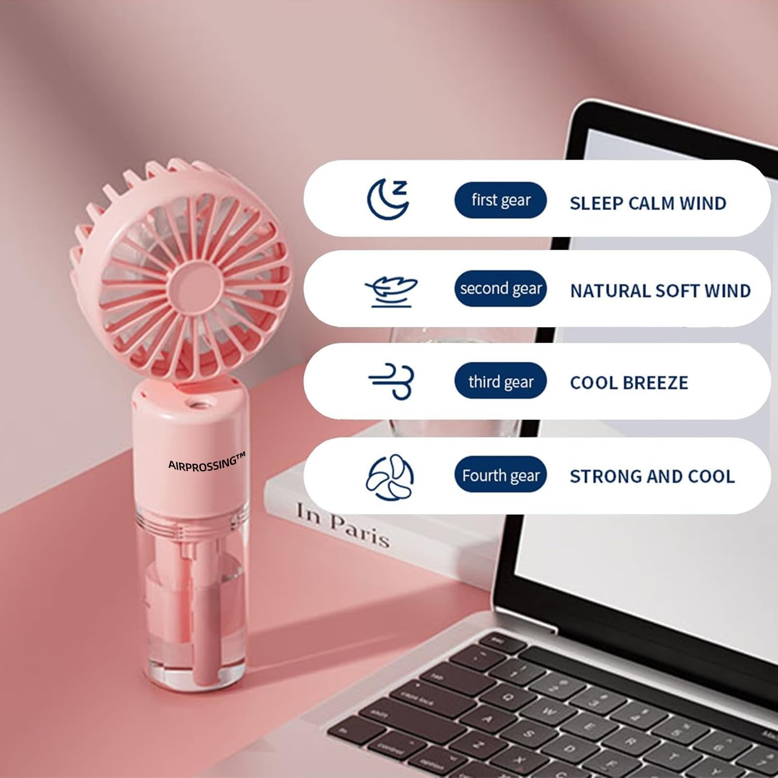 AIRPROSSING Portable Handheld Misting Fan,Rechargeable Battery Operated Spray Water Mist Fan Foldable,4 Speeds,Small Personal Cooling Fans for Outdoor,Travel, Makeup, Home, Office, Camping (white)
