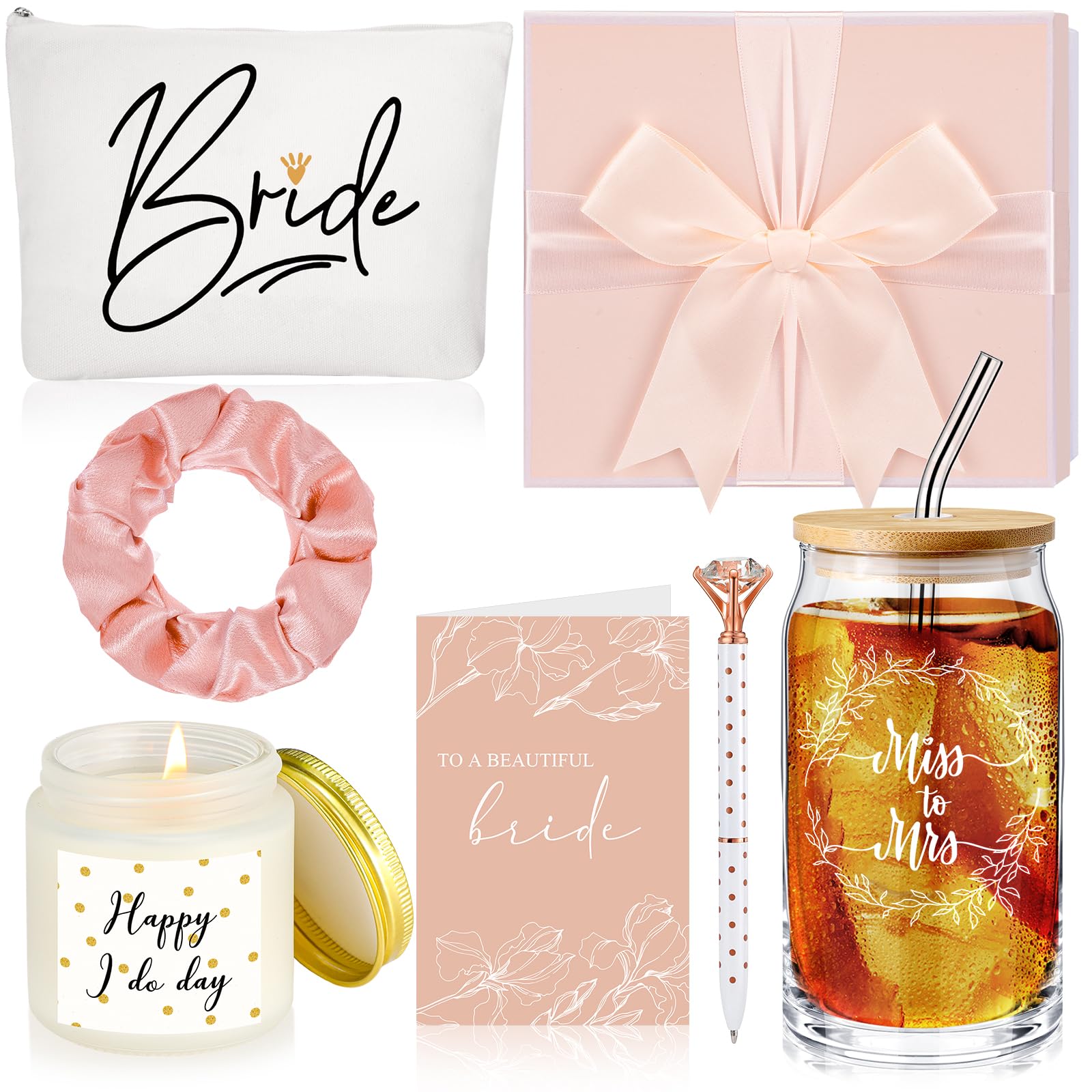 7 Pcs Bride Gifts Bridal Shower Gift Including Mrs Can Shaped Drinking Glass with Straw Bride Makeup Bag Crystal Pen Scented Candle Scrunchies Raffia Wedding Card Gift Box for Bridal Shower (Pink)
