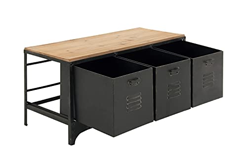 Deco 79 Metal Low Profile File Cabinet 3 Drawers Storage Bench with Brown Wood Top, 39" x 16" x 19", Black