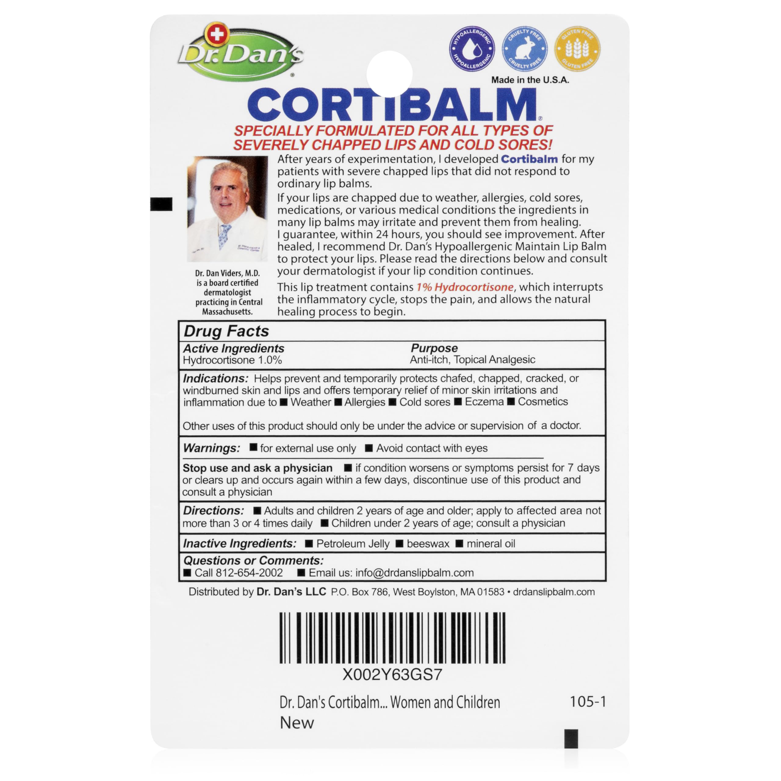 Dr. Dan's Cortibalm- 4 Pack - for Dry Cracked Lips - Healing Lip Balm for Severely Chapped Lips - Designed for Men, Women and Children
