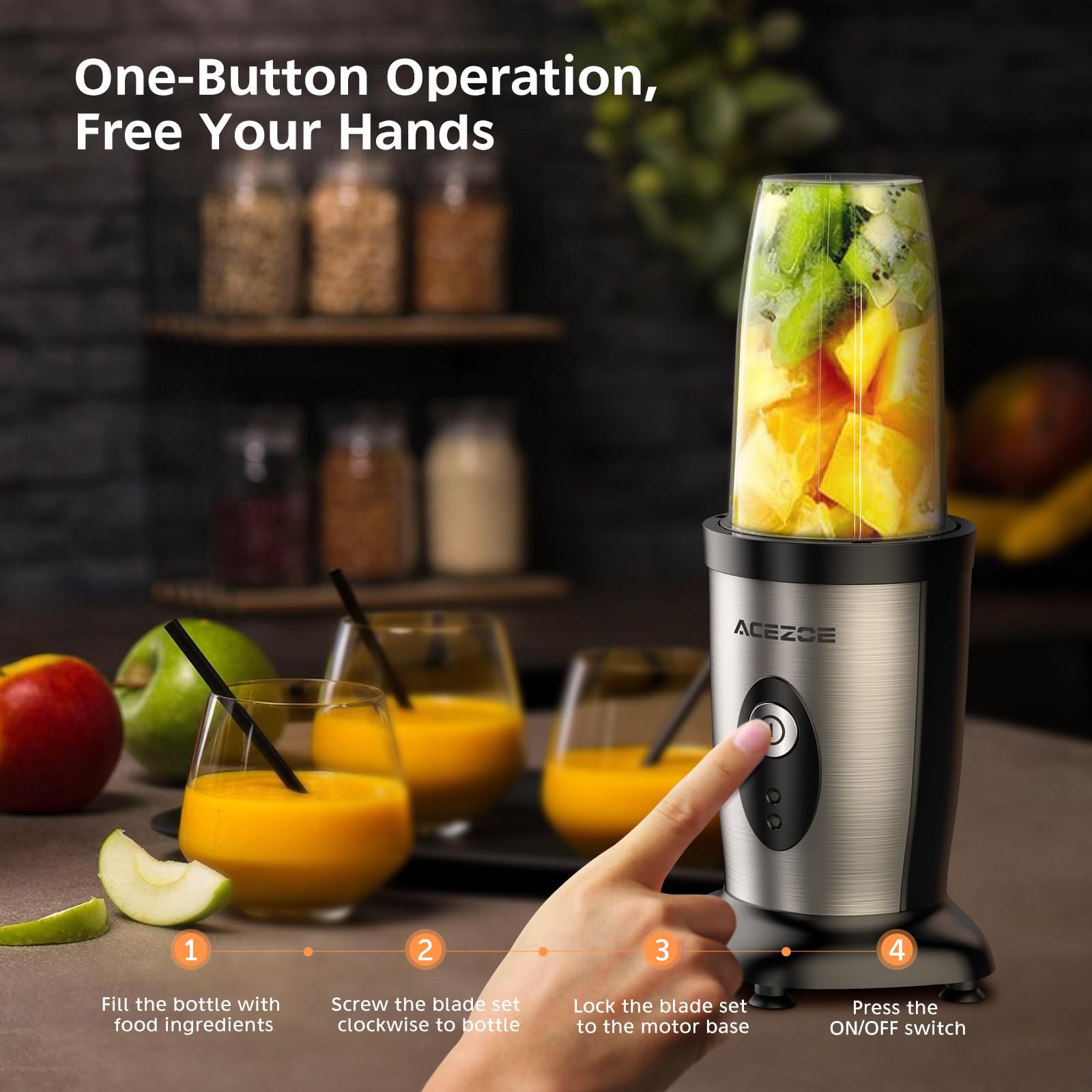 Acezoe Blender Shakes and Smoothies, 850W Portable Blender, One-Button Mixer, 3D 6-leafs, 2x17oz Personal Blender Bottle, BPA Free Kitchen, baby food, Grinding, Juice-Silver