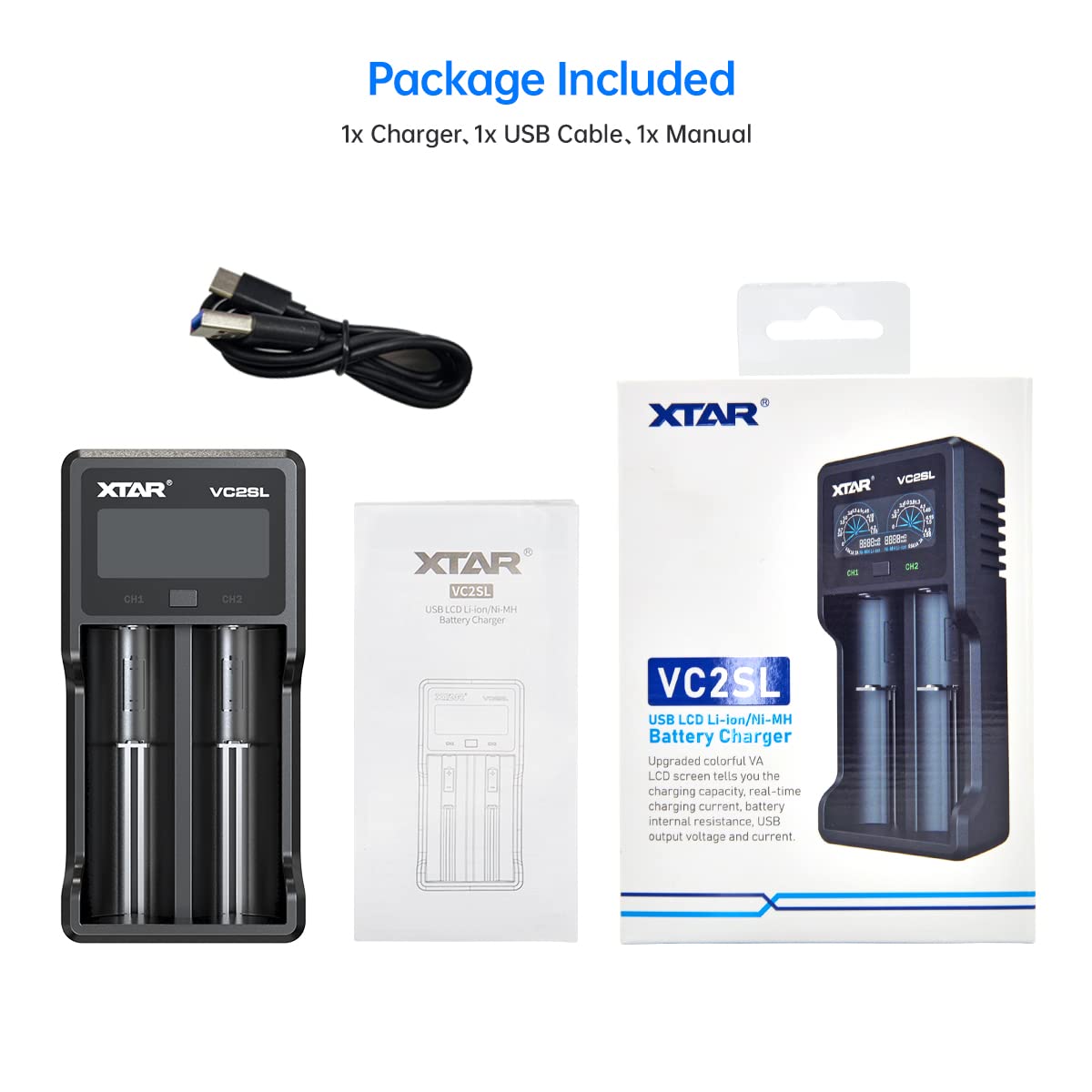 Universal Battery Charger XTAR VC2SL LCD Display Speedy Smart Charger for Rechargeable Batteries Ni-MH Ni-Cd AA AAA Li-ion IMR