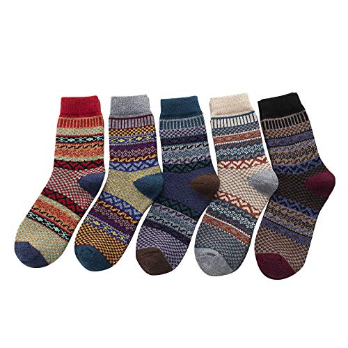 5 Socks Vintage Womens Winter Socks Pack Warm Knit Cold Wool Soft Socks Clothes (Black,Gray,White,Blue,Red-1, One Size)