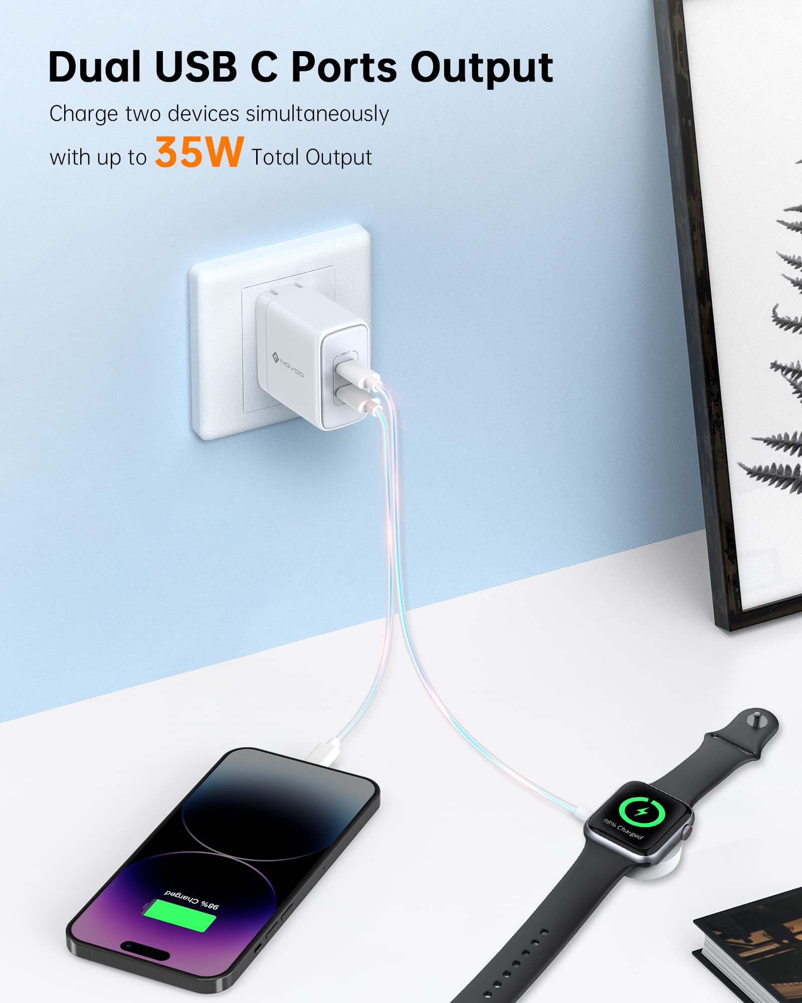 35W USB C Charger Block, NOVOO GaN III iPhone Charger USB C Brick Foldable Wall Charger Fast Charging Adapter for Mobile iPhone 14/14 Plus/14 Pro/14 Pro Watch/Galaxy, Pixel 4/3, iPad/iPad Mini