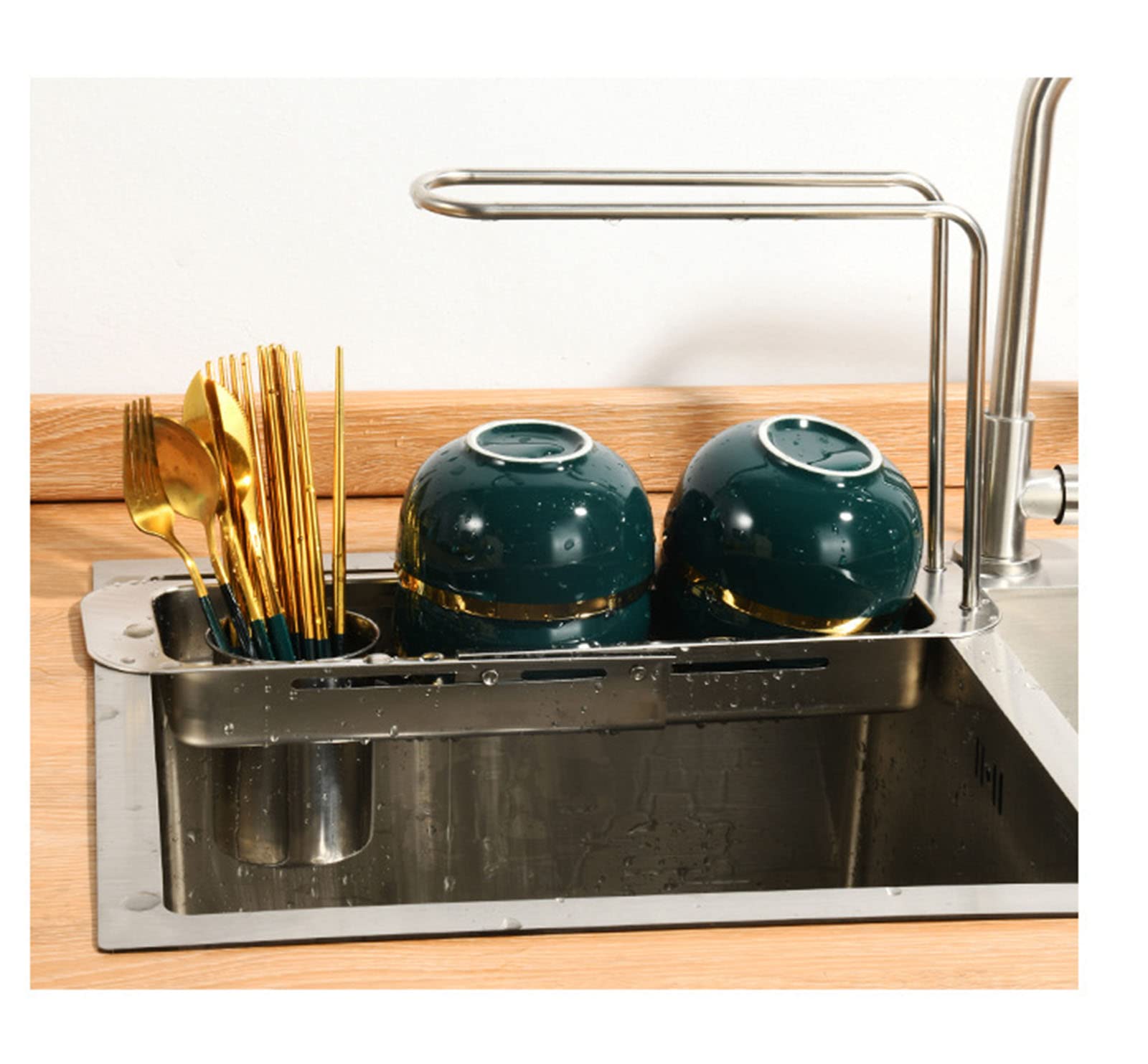 AJIODA Kitchen Sink Caddy Sponge Holder, Expandable Sink Storage Rack with Dishcloth Towel Holder & Residue Filter, Stainless Steel Multi-Functional Over Sink Kitchen Caddy Drying Rack Drain Rack