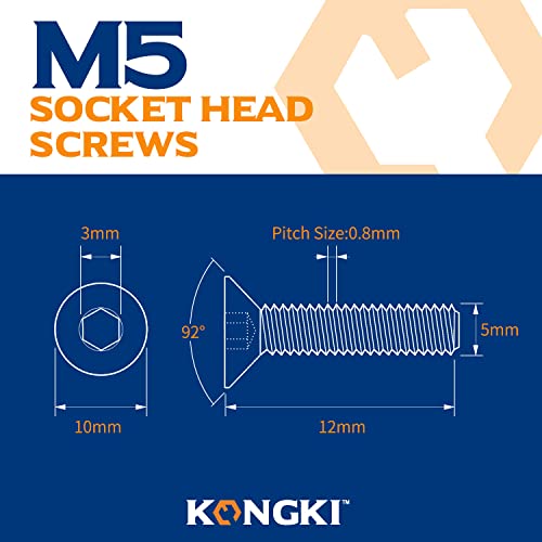 M5-0.8 x 12mm Flat Head Socket Cap Screws, 10.9 Grade Alloy Steel, Allen Socket Drive, Black Oxide Finish, Machine Thread, Quantity 50