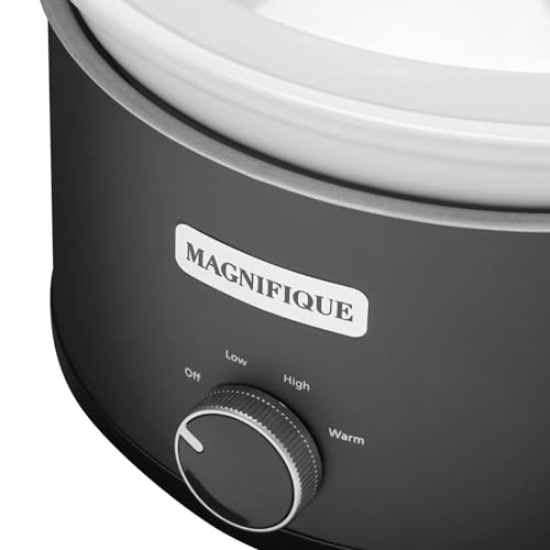 Magnifique 5 Quart Slow Cooker Round Manual Pot Food Warmer with 3 Cooking Settings, Stainless Steel Black and White Ceramic pot