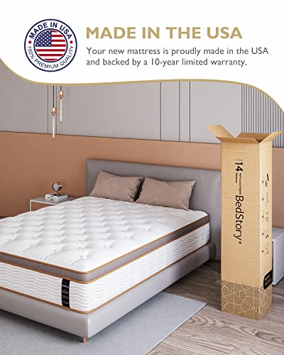 BedStory King Mattress - Made in USA - 14 Inch Hybrid Mattress Medium Feel, Individually Wrapped Coils for Pressure Relief & Motion Isolation, 80βx76βx14β