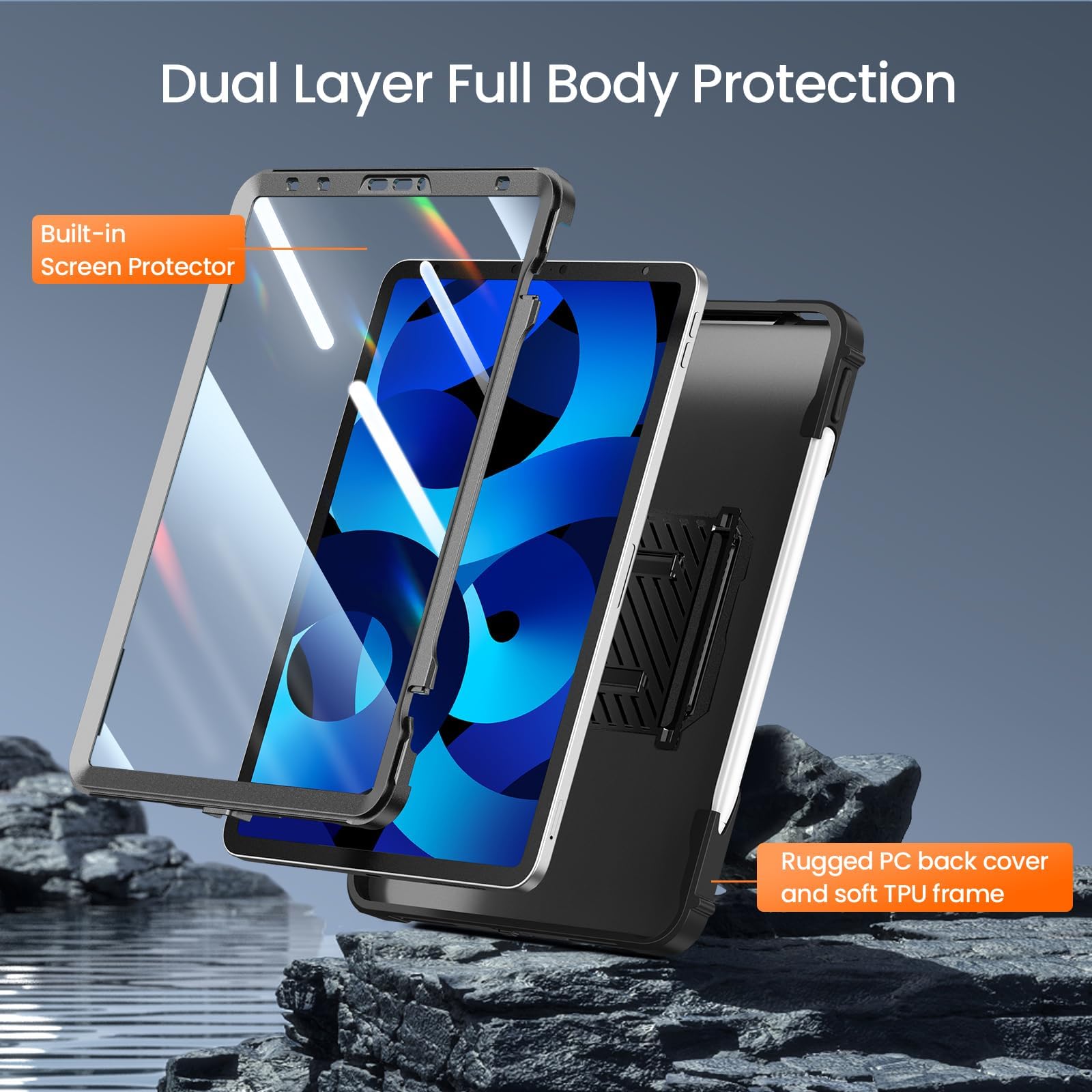 ZtotopCases for iPad Air 5th/4th Gen 10.9 Inch 2022/2020, iPad Pro 11" 2018 1st, Built-in Screen Protector, Shockproof Cover+ Kickstand - Black