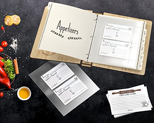 Bamboo Recipe Book Binder (3 Ring) - Includes 25 Plastic (8.5" x 11") Left Loading Sleeves (Holds 50 Recipe Cards) - 50 (4"x6") Double Sided Recipe Cards - 6 Index/Recipe Dividers