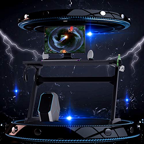 Tangkula Gaming Desk, Z Shaped Ergonomic Gaming Computer Desk, E-Sports Game Desk with Cup & Headphone Holder and Mouse Pad, Gamer Workstation, Carbon Fiber Surface and Z-Shape Steel Frame (Black)