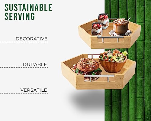 Comfify Honeycomb Serving Trays with Handles – Set of 2 Bamboo Hexagon Nesting Trays – Large, and Small Trays Set for Food, Ottoman Décor & More – Modern Trays for Breakfast -Natural