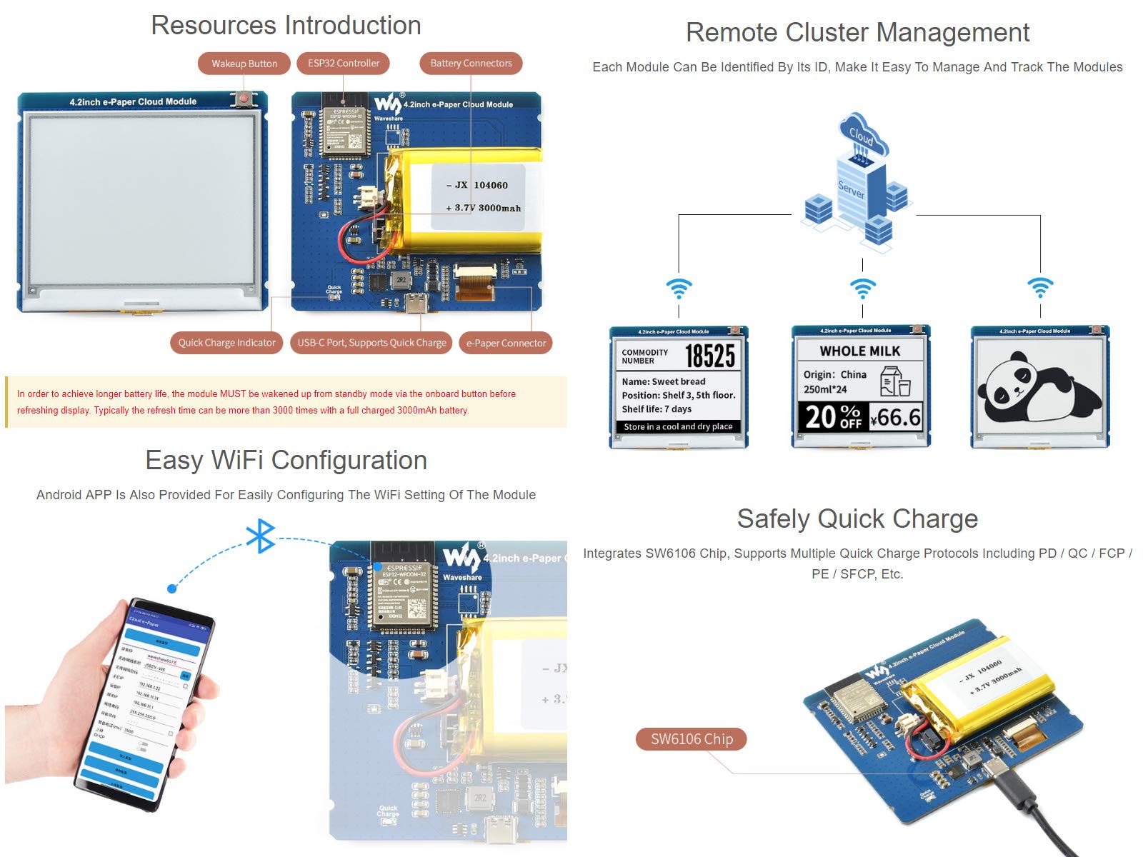 waveshare 4.2inch E-Paper Cloud Module 400ร300 Pixels with Low Power Consumption WiFi Connectivity Wide Viewing Angle